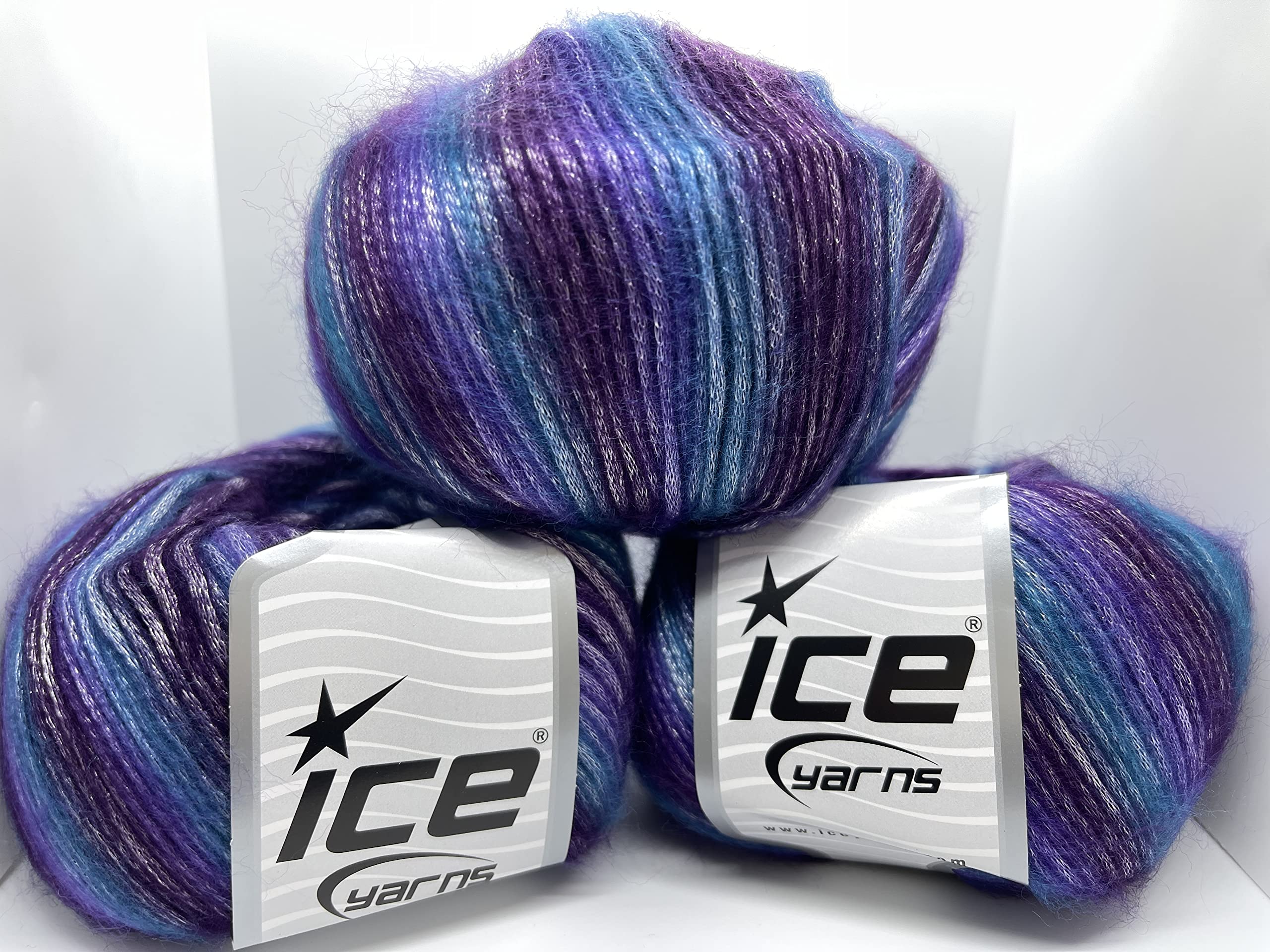 Ice Yarns Picasso 3 Pack - Blues, Lilac, Grape, Purple Yarn Fuzzy with Subtle Sheen Worsted Weight, 3x125 Yards (3x115meters) 3x1.76 Ounces (3x50 Grams)