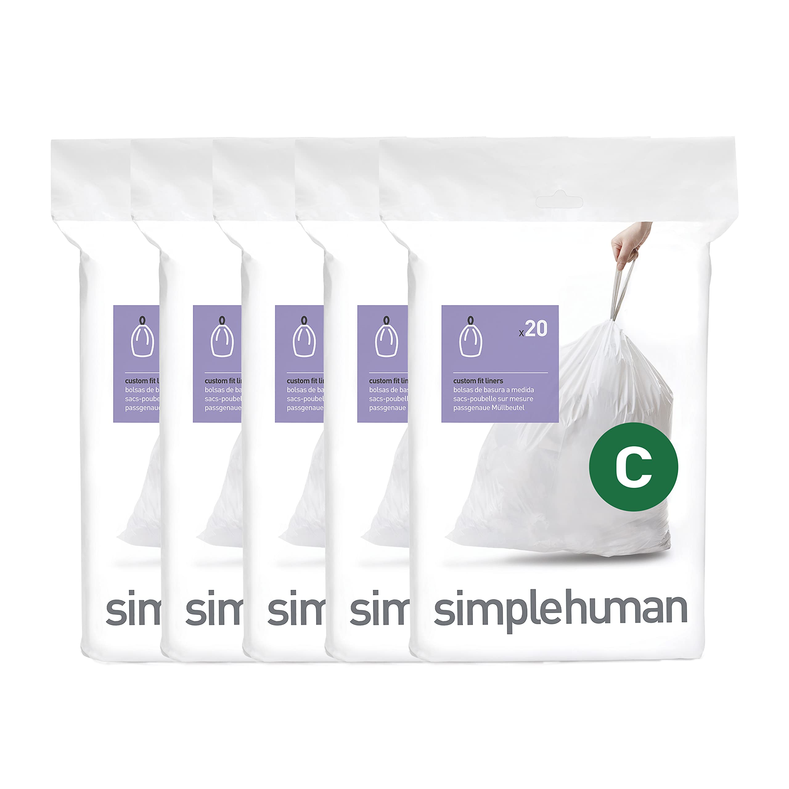 simplehuman Code C 100 Count, Genuine Custom Fit Liners, Drawstring Trash Bags in Dispenser Packs, 10-12 Liter / 2.6-3.2 Gallon, White, 20 Count (Pack of 5)