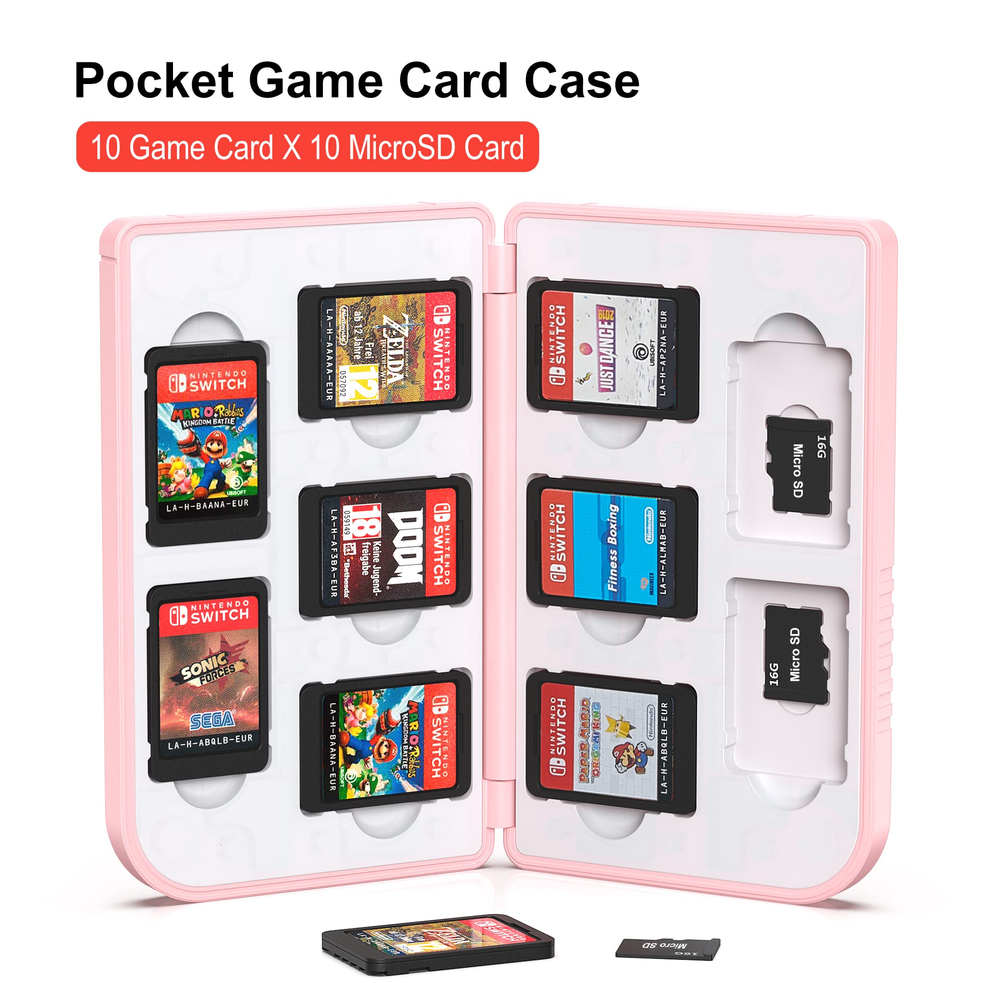 Leyu Smart Game Case for Nintendo Switch & Switch Lite,10 Slot Game Card Storage and 10 Slot SD Memory Card Protective Box, Slim and Portable (Pink)