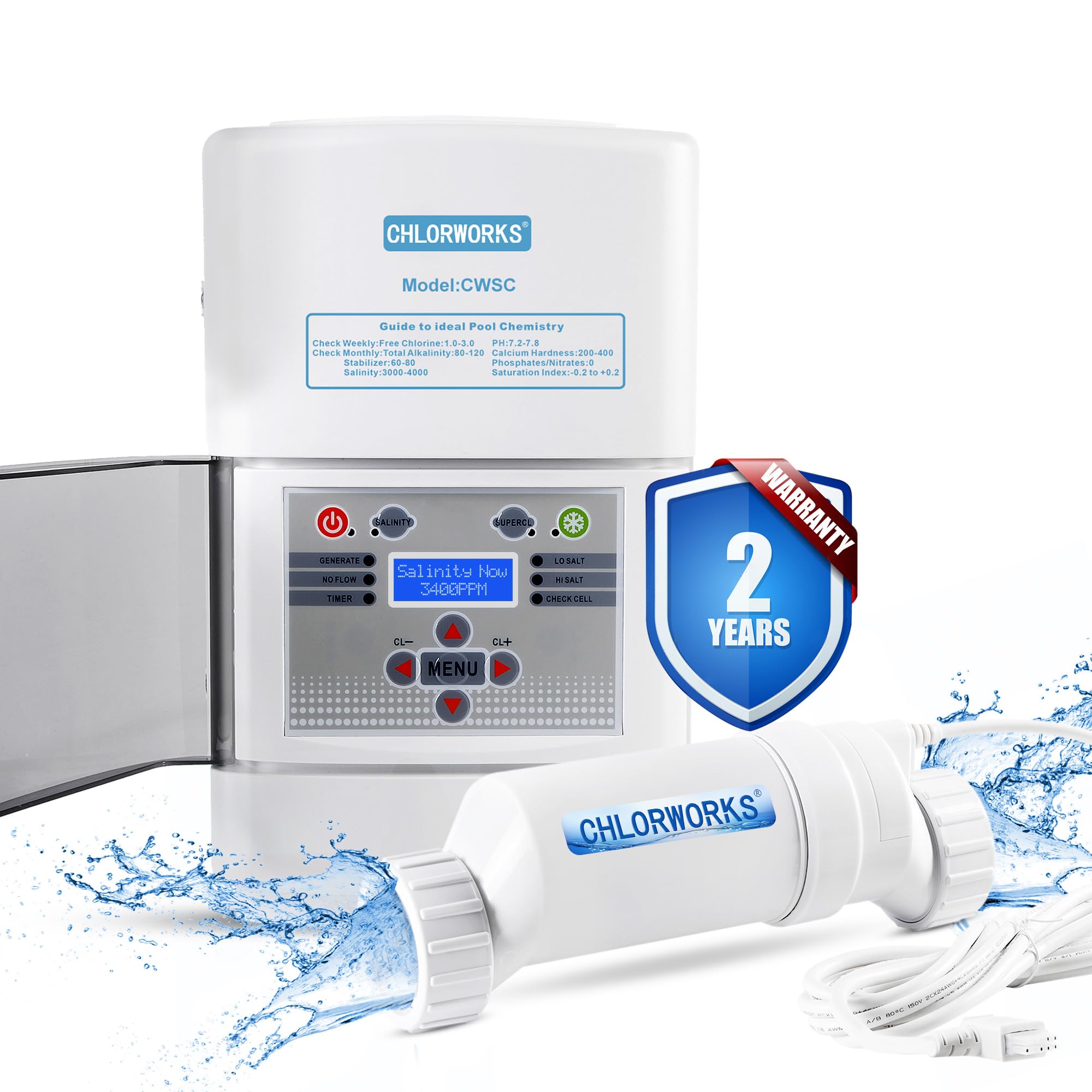 CHLORWORKS Salt Chlorine Generator for Swimming Pool – up to 40,000 Gallon Inground Salt Pool, Salt Water Pool Chlorinator System, Easy Program, 110V/220V, 1.5" & 2''Connection