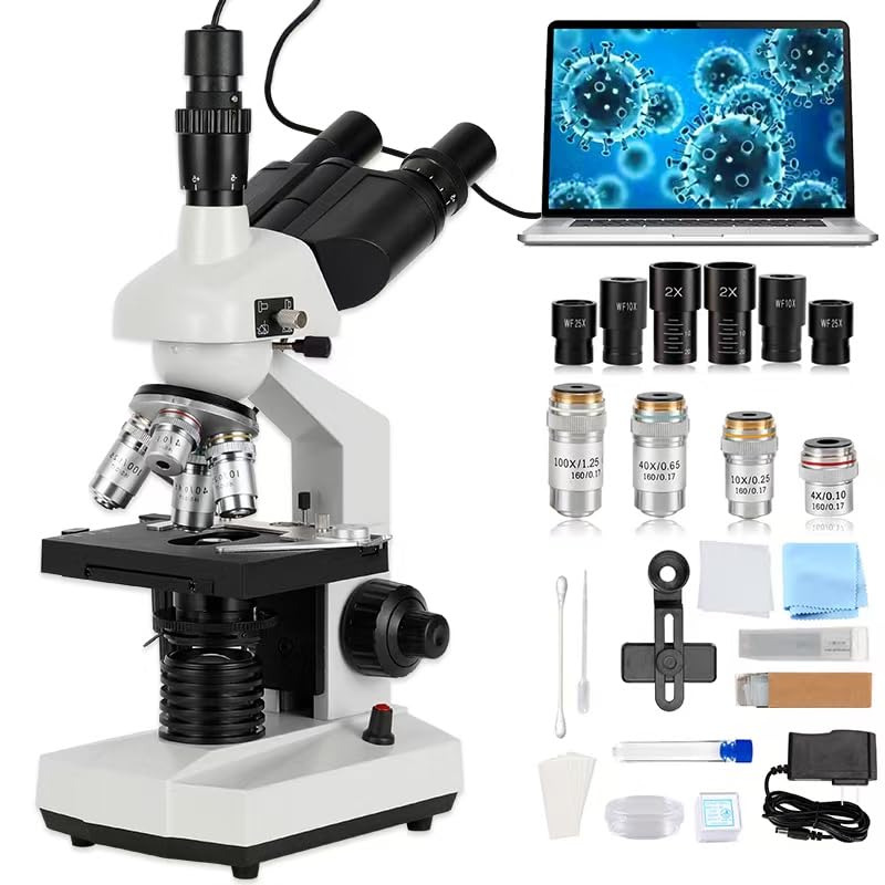 40X-2000X Compound monocular Microscope with Microscope Slide Set, Cell Phone Adapter, Dual LED Illumination Powerful School Home Education biomicroscope, 2MP USB Camera