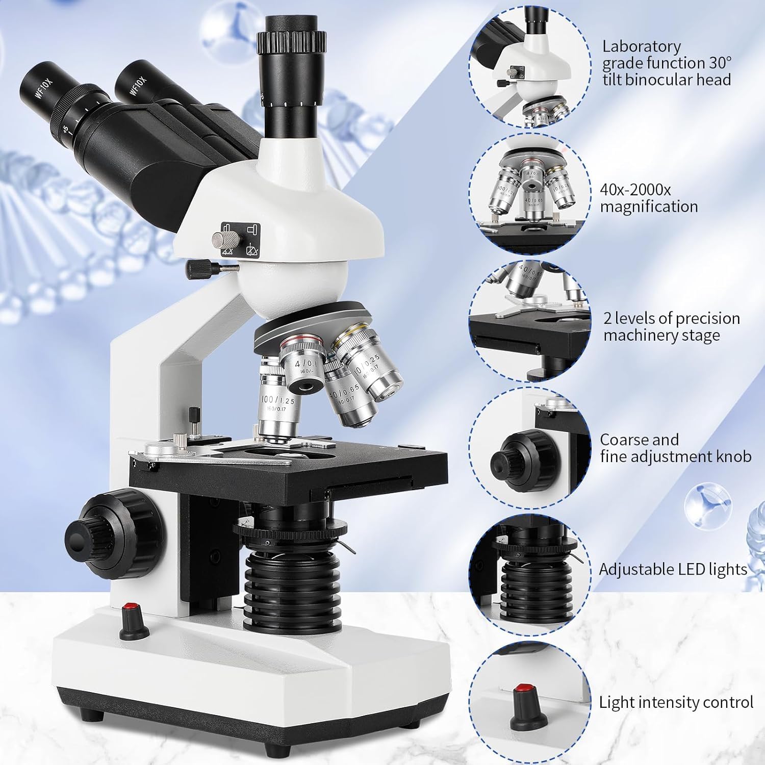 40X-2000X Compound monocular Microscope with Microscope Slide Set, Cell Phone Adapter, Dual LED Illumination Powerful School Home Education biomicroscope, 2MP USB Camera