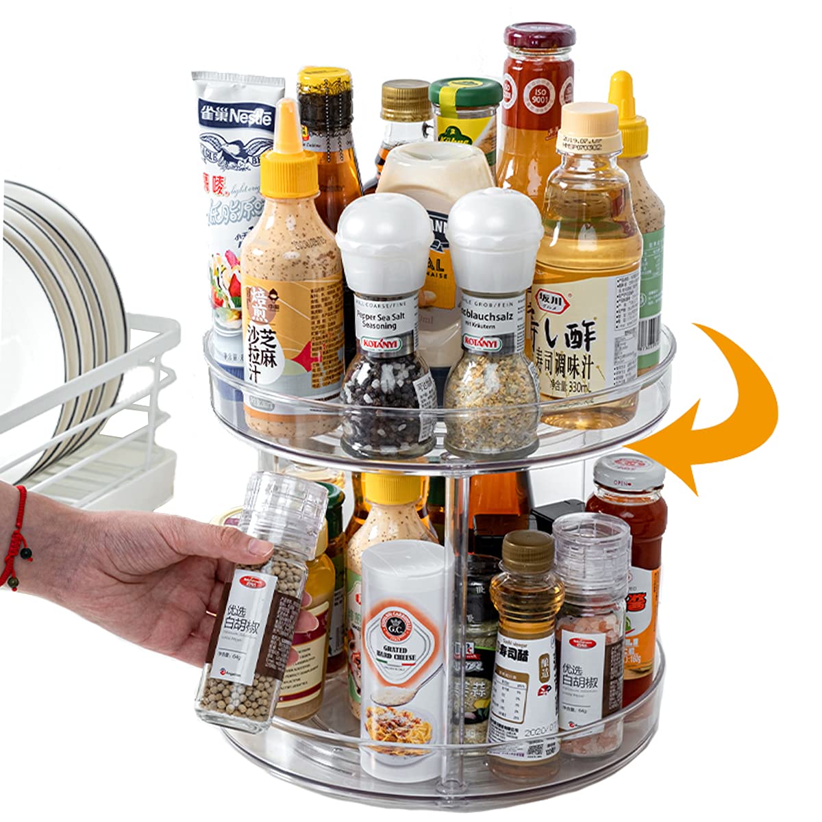 FIVOF Lazy Susan Round Plastic Clear Rotating Turntable Organization Storage Container Bins for Cabinet Pantry Fridge Kitchen Vanity Spinning Organizer for Spices Condiments (2-Tire-1-Pack, 9 inch)