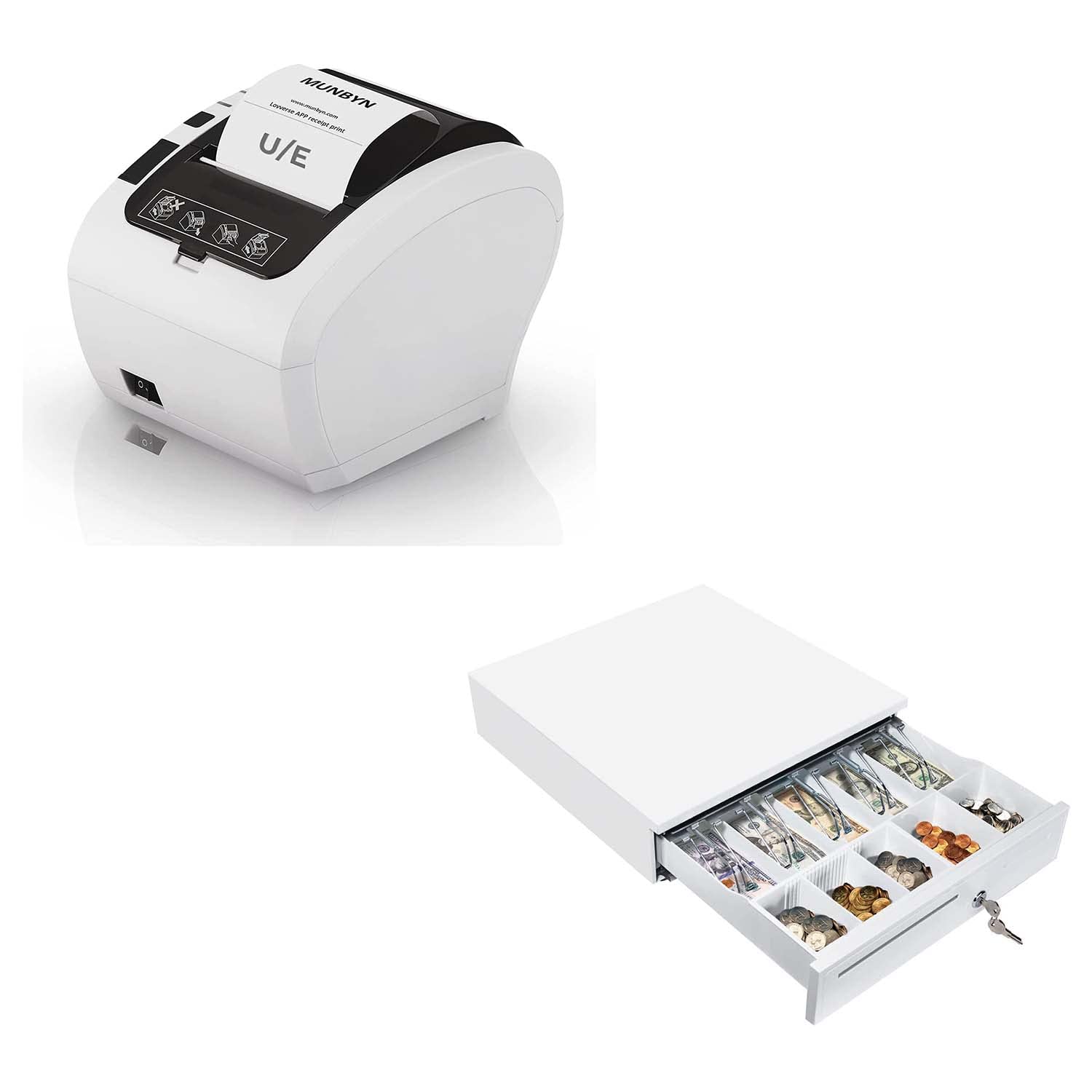 MUNBYN Receipt Printer, Thermal Receipt Printer Works with Windows Mac Chromebook Linux Cash Drawer and White Cash Drawer, 16" Heavy Duty Cash Register for Point of Sale (POS) System