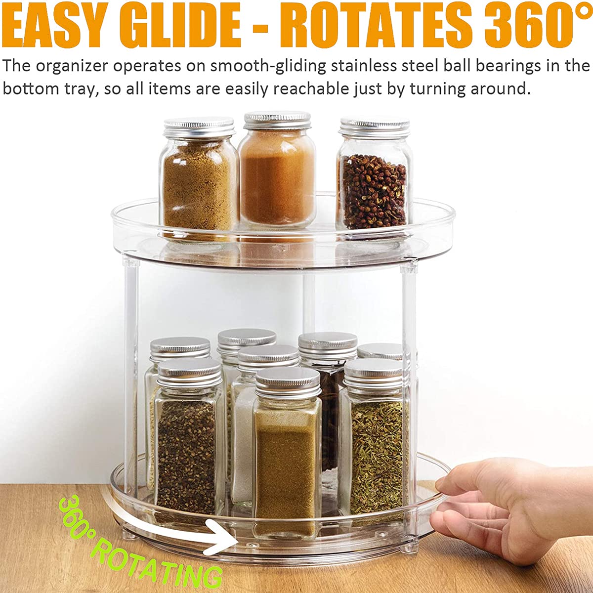 FIVOF Lazy Susan Round Plastic Clear Rotating Turntable Organization Storage Container Bins for Cabinet Pantry Fridge Kitchen Vanity Spinning Organizer for Spices Condiments (2-Tire-1-Pack, 9 inch)