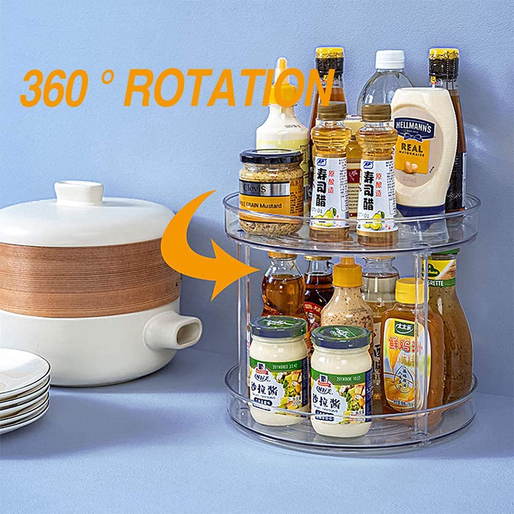 FIVOF Lazy Susan Round Plastic Clear Rotating Turntable Organization Storage Container Bins for Cabinet Pantry Fridge Kitchen Vanity Spinning Organizer for Spices Condiments (2-Tire-1-Pack, 9 inch)