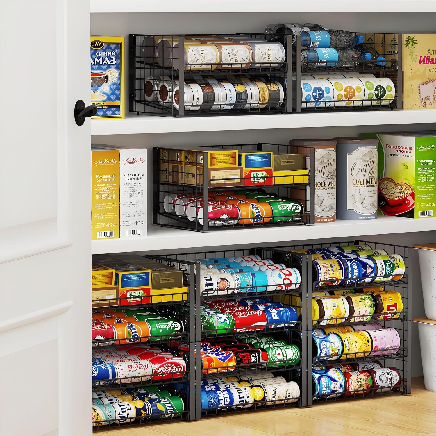 JKsmart 4-Tier Stackable Can Rack Organizer for Pantry, Adjustable Can Dispenser Holds Up to 62 Cans, Can Storage Holder for Various Ounces of Canned Food Soda Drinks, Black