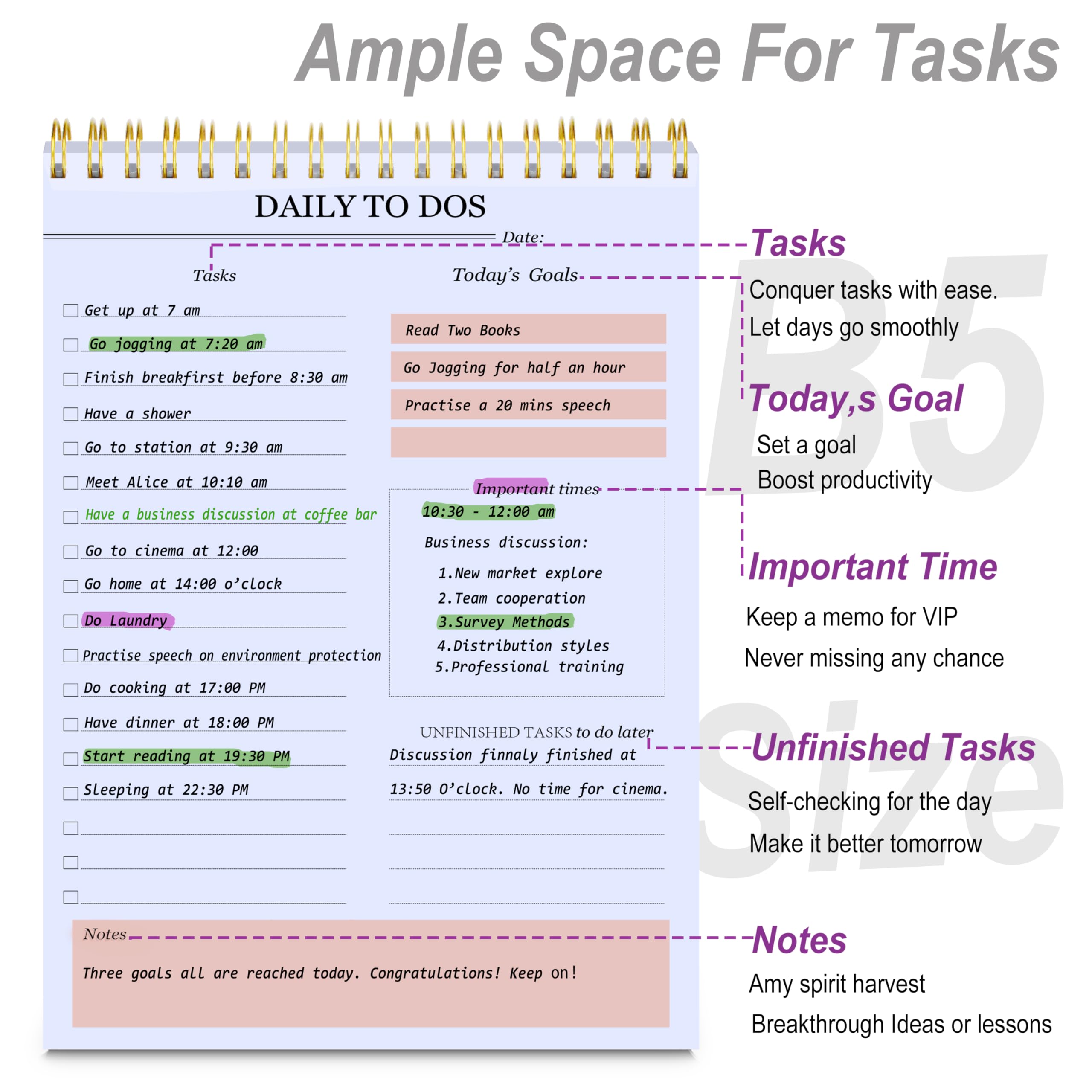 Daily to Do Notepads - Task Checklist planner, Time Management planner, To Do lists, Organizer with Today's Goals, Notes, 52 Undated Agenda Tear-off Sheets, 6.5 x 9.8 inches ( Pink )