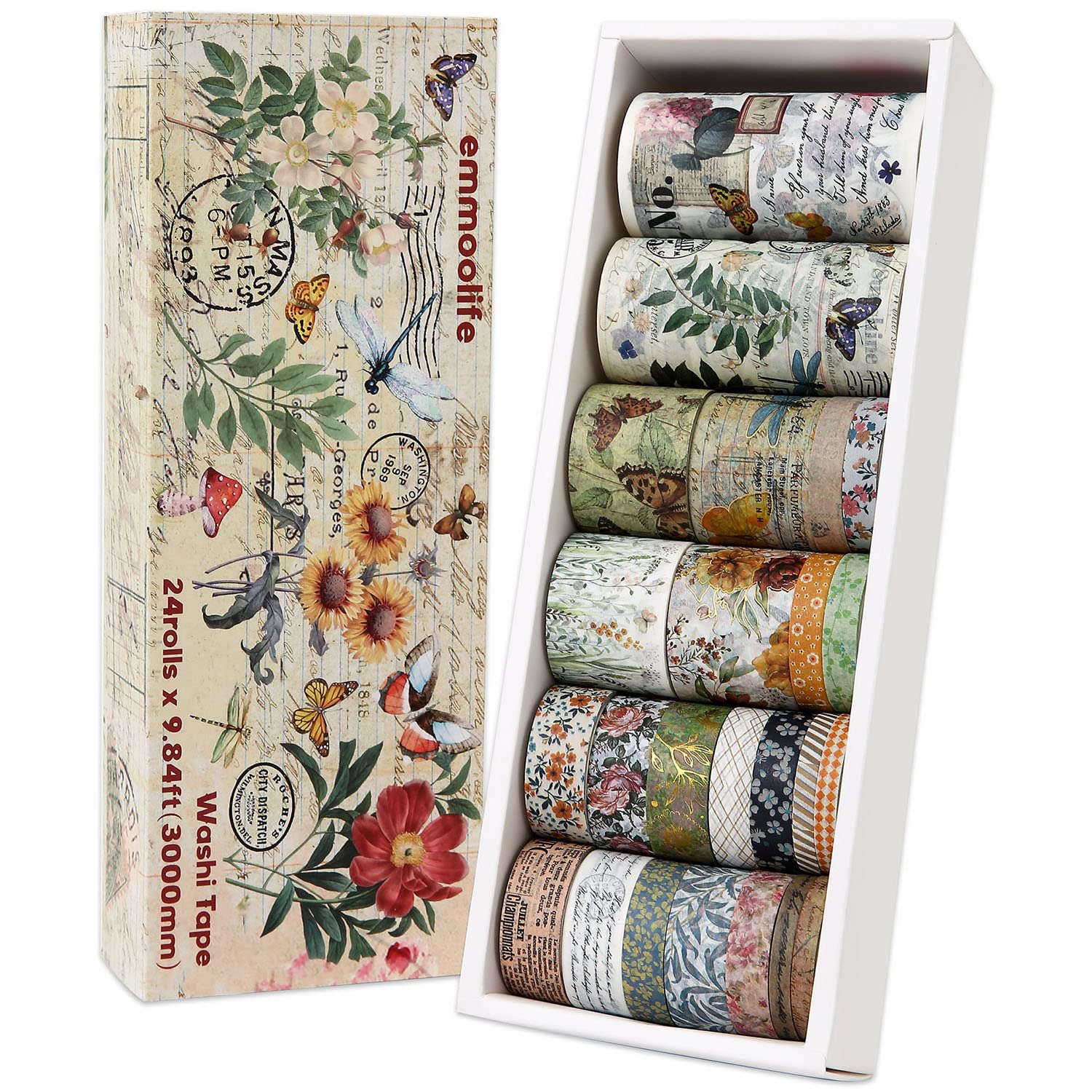 24 Rolls Vintage Washi Tape Set, 5/8/10/15/30/75mm Wide 9.84ft long/Roll Antique Floral Letter Butterfly Mushroom Botanical Writable Decorative Tapes for Scrapbooking Supplies, Junk Journal, Art Craft
