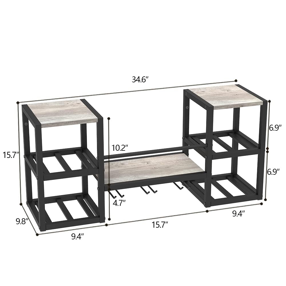 GiftGo Industrial Brown Wall Mounted Wine Rack with 3 Steam Glass Holder Partial Wood Shelf Black Metal Bottle Holder Multi Functional Wine Storage Display Rack for Home Bar Dining Room Kitchen