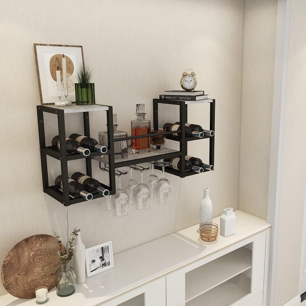 GiftGo Industrial Brown Wall Mounted Wine Rack with 3 Steam Glass Holder Partial Wood Shelf Black Metal Bottle Holder Multi Functional Wine Storage Display Rack for Home Bar Dining Room Kitchen