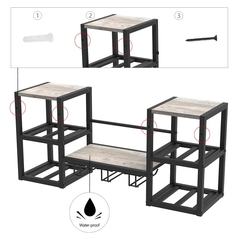 GiftGo Industrial Brown Wall Mounted Wine Rack with 3 Steam Glass Holder Partial Wood Shelf Black Metal Bottle Holder Multi Functional Wine Storage Display Rack for Home Bar Dining Room Kitchen