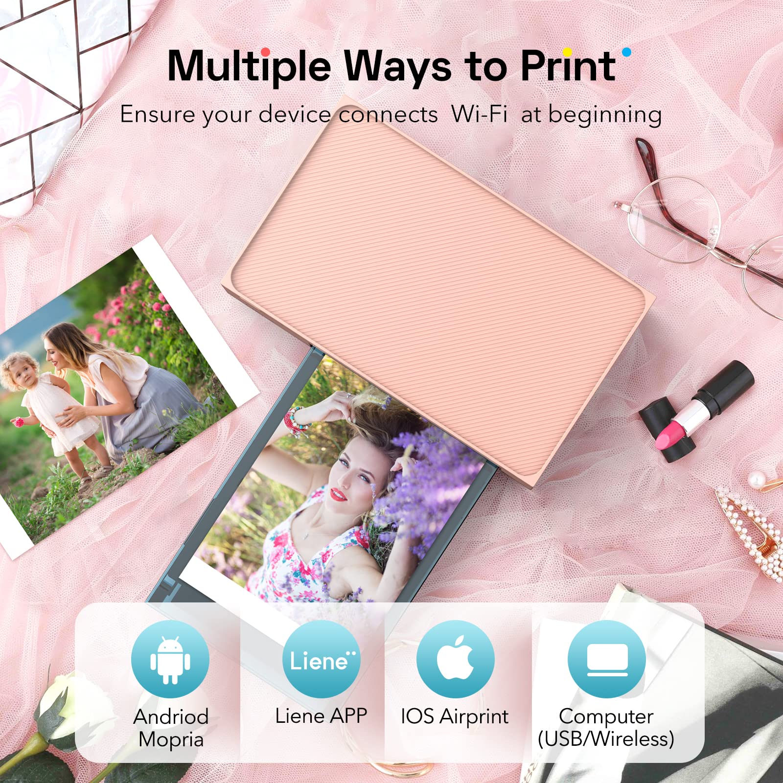Liene 4x6'' Photo Printer Bundle (60 Sheets + 2 Ink Cartridges), Wi-Fi Picture Printer, Photo Printer for iPhone, Android, Smartphone, Computer, Dye-Sublimation, Photo Printer for Home Use, Pink