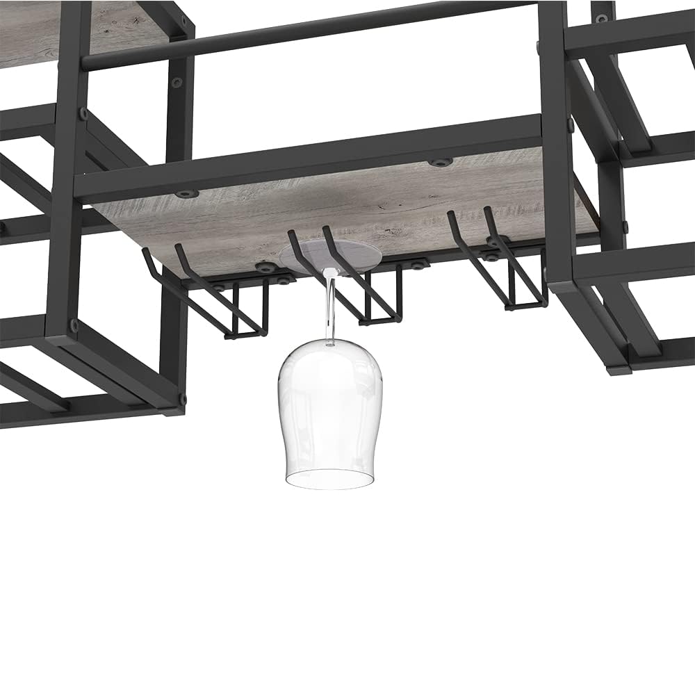 GiftGo Industrial Brown Wall Mounted Wine Rack with 3 Steam Glass Holder Partial Wood Shelf Black Metal Bottle Holder Multi Functional Wine Storage Display Rack for Home Bar Dining Room Kitchen
