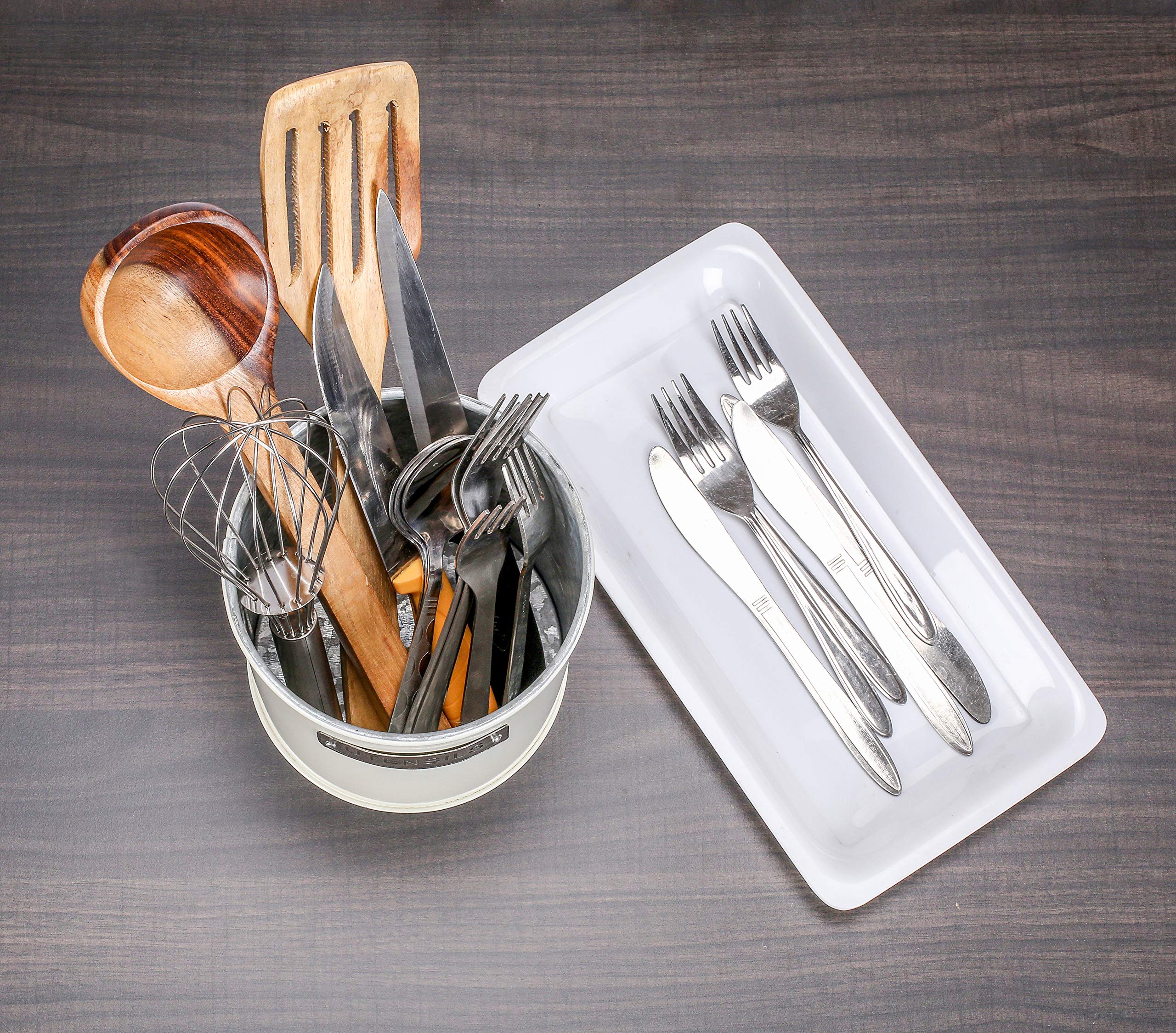 Farmhouse Kitchen Utensil Holder Large Utensil Organizer - Utensils Holders Crock with Sturdy Rustic Farmhouse Countertop Decor, Utensil Storage Caddy Organizer, Off White - 5.5 x 6 Inches