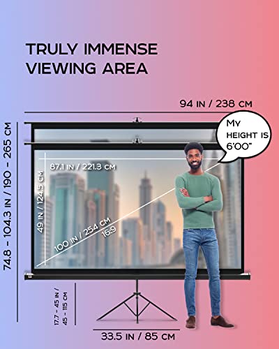 Projector Screen with Stand 100 inch - Indoor and Outdoor Projection Screen for Movie or Office Presentation - 16:9 HD Premium Wrinkle-Free Tripod Screen for Projector with Carry Bag and Tight Straps