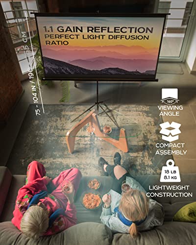 Projector Screen with Stand 100 inch - Indoor and Outdoor Projection Screen for Movie or Office Presentation - 16:9 HD Premium Wrinkle-Free Tripod Screen for Projector with Carry Bag and Tight Straps