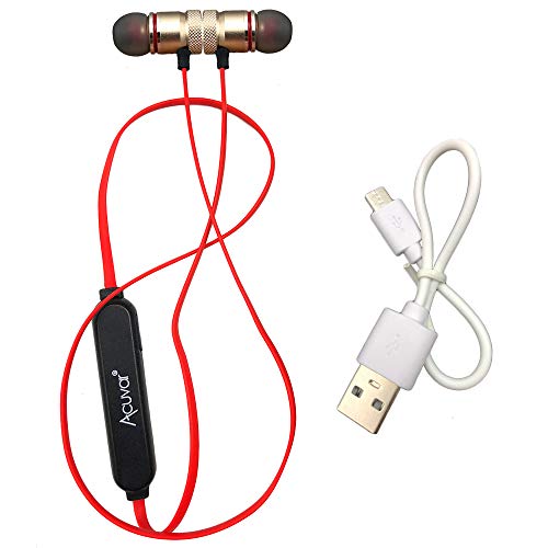 Acuvar Wireless Magnetic Rechargeable Ear Buds, in line mic, Volume, Play/Pause Controls (Gold/Red)