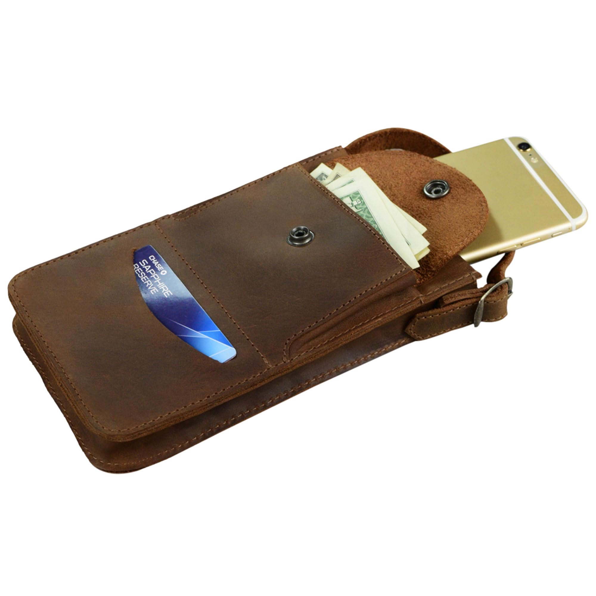 Hide & Drink, Leather Hanging Phone Bag, Wallet Pouch, Card Organizer, Commuting Essentials, Everyday Accessories, Handmade Includes 101 Year Warranty :: Bourbon Brown