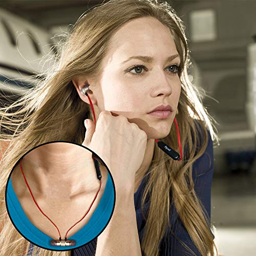 Acuvar Wireless Magnetic Rechargeable Ear Buds, in line mic, Volume, Play/Pause Controls (Gold/Red)