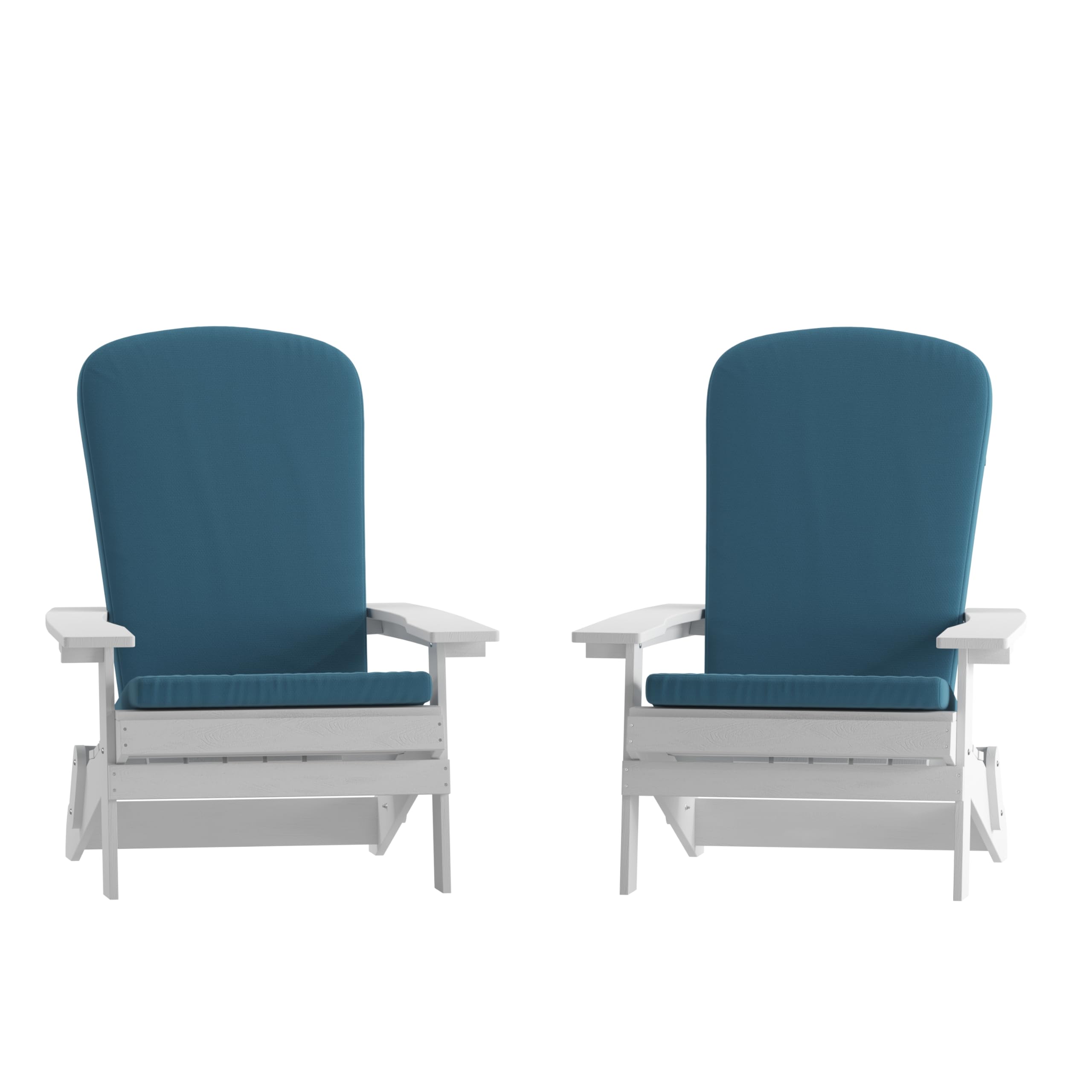 BizChair Set of 2 Folding Adirondack Chairs with Cushions - White Poly Resin Frame - Teal All-Weather Cushions - Indoor/Outdoor Use