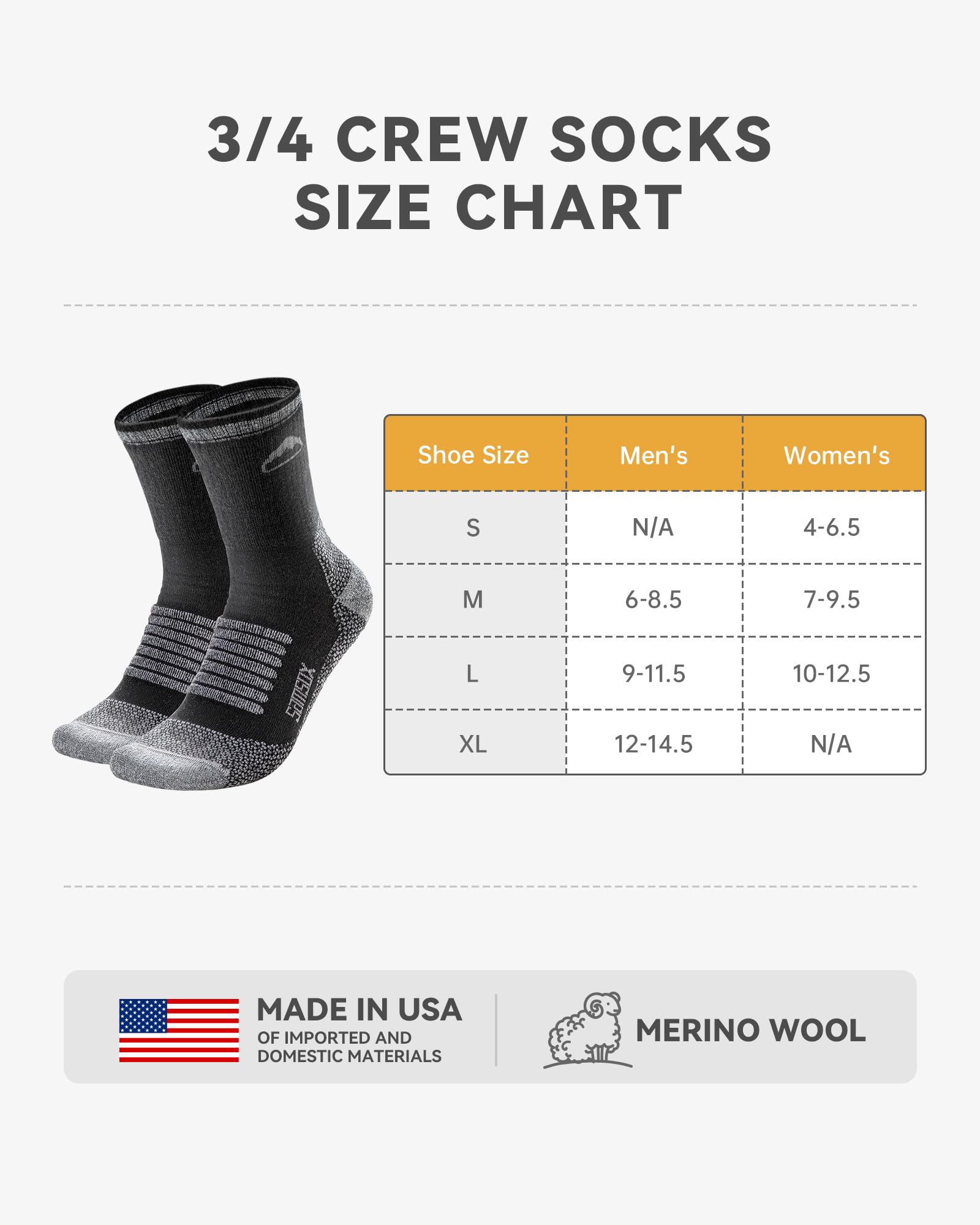 SAMSOX 2-Pack Merino Wool Hiking Sock, Made in USA, Black/Grey L