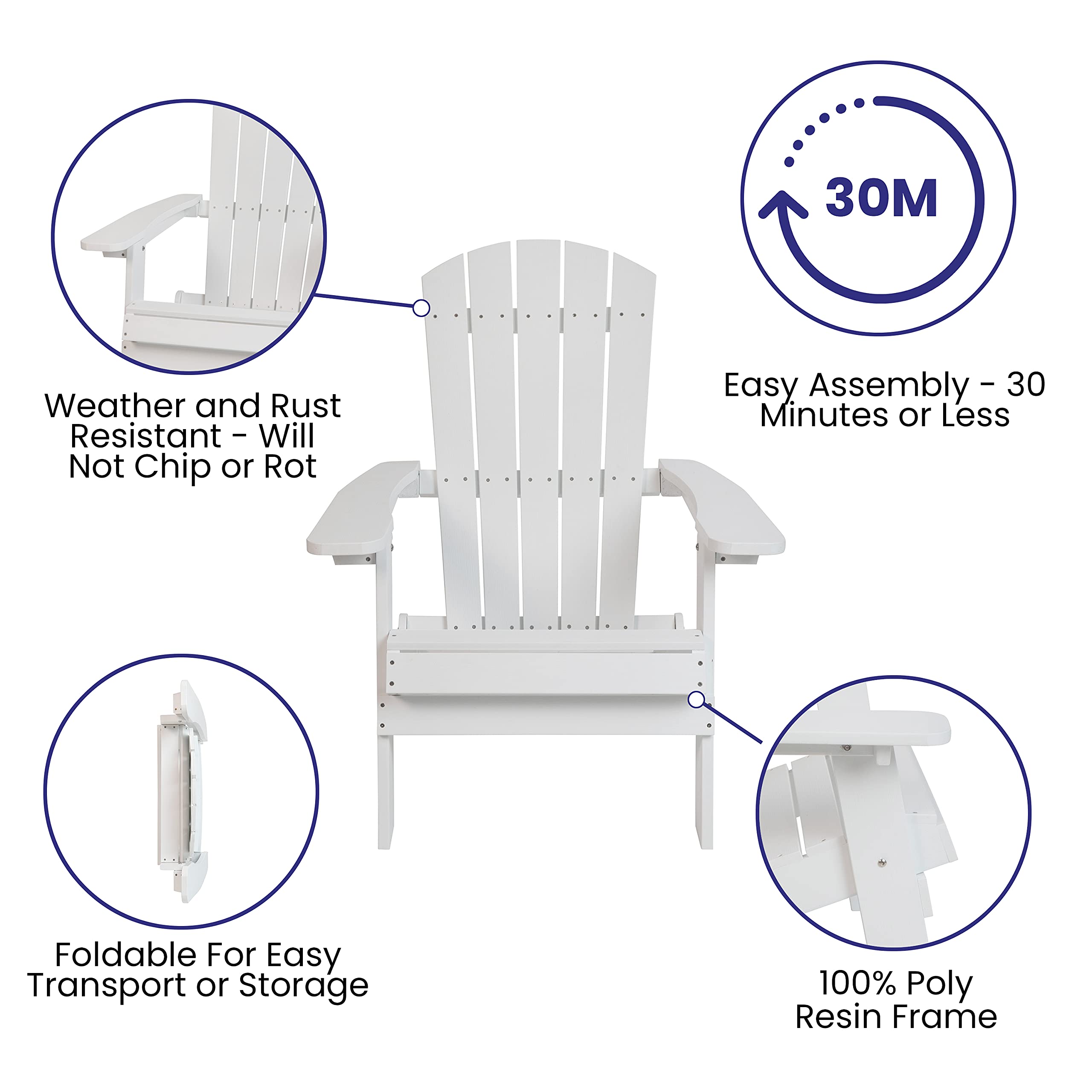 BizChair Set of 2 Folding Adirondack Chairs with Cushions - White Poly Resin Frame - Teal All-Weather Cushions - Indoor/Outdoor Use