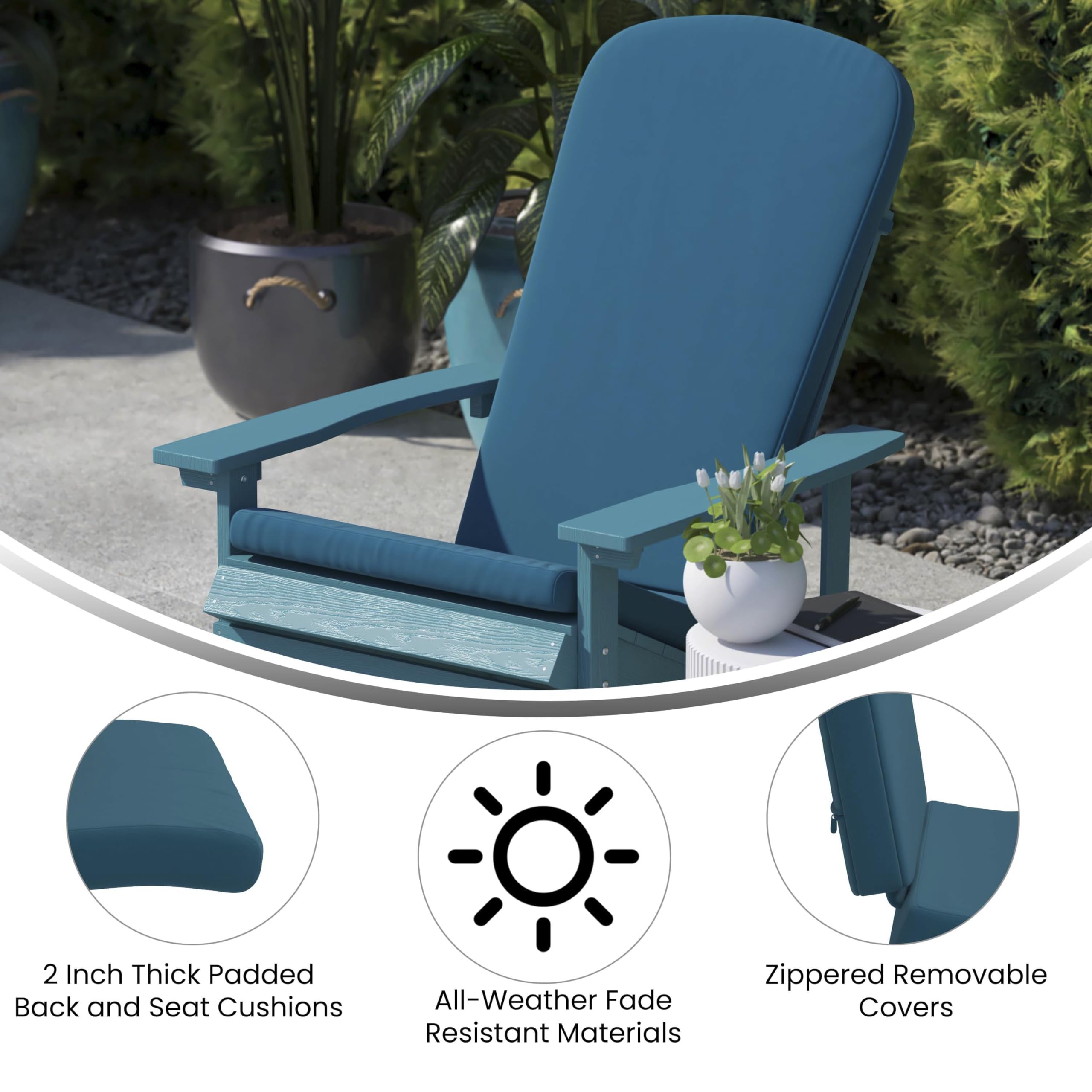 BizChair Set of 2 Folding Adirondack Chairs with Cushions - White Poly Resin Frame - Teal All-Weather Cushions - Indoor/Outdoor Use