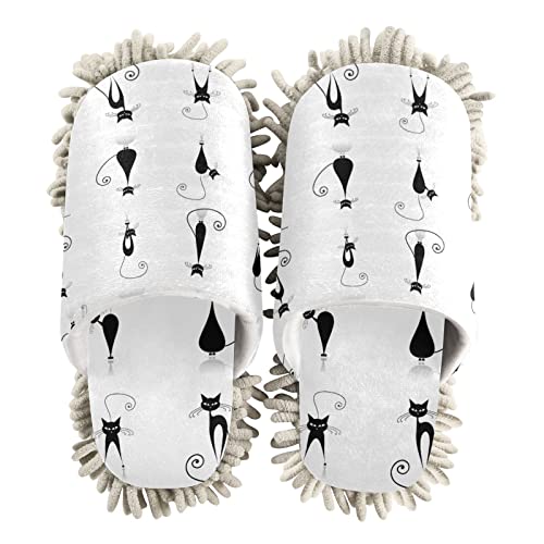 Black Cats Mop Slippers Shoes Cover for Floor Cleaning Washable Hair Dust Dirty Cleaners Microfiber Mop Socks for House Office Kitchen
