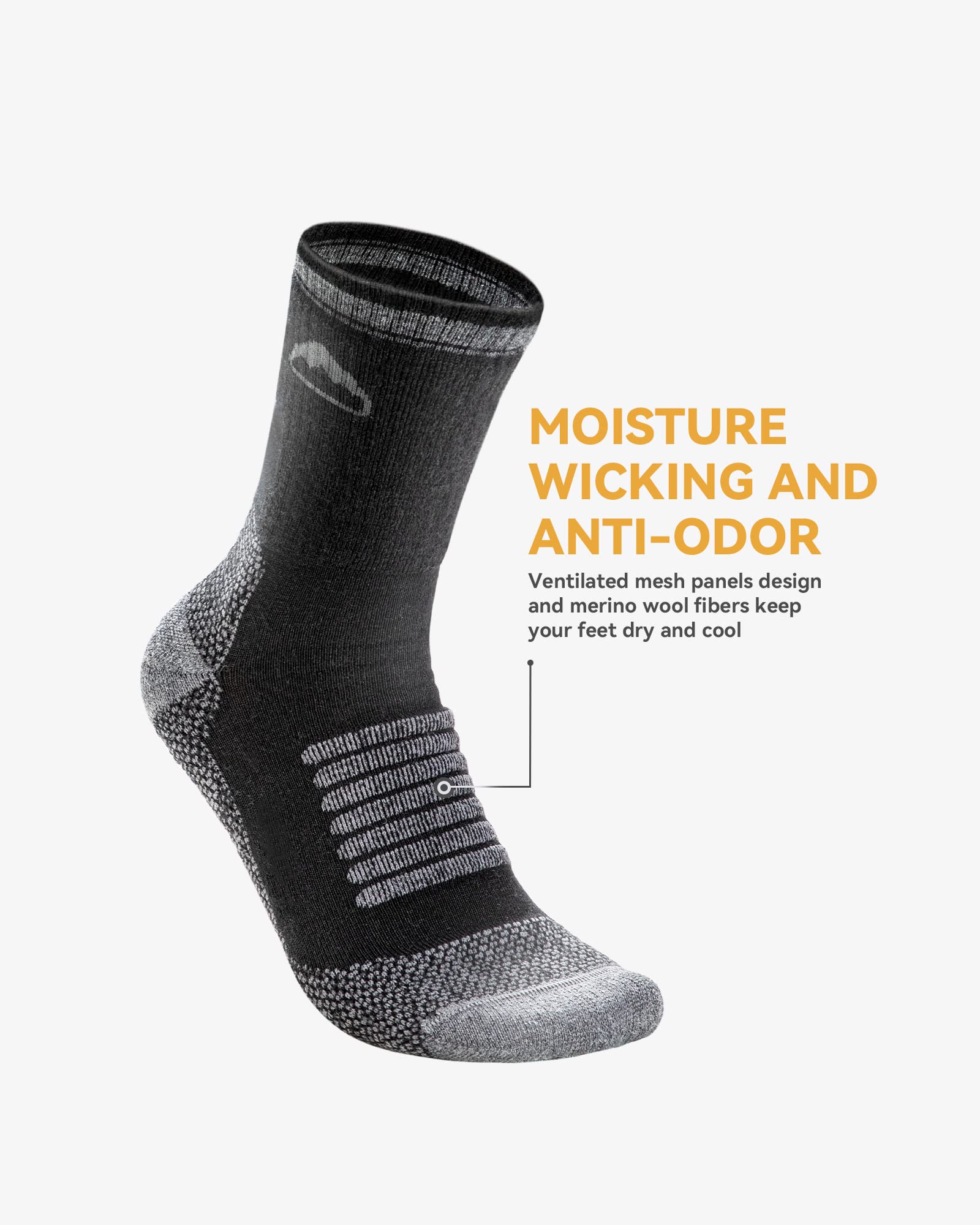 SAMSOX 2-Pack Merino Wool Hiking Sock, Made in USA, Black/Grey L