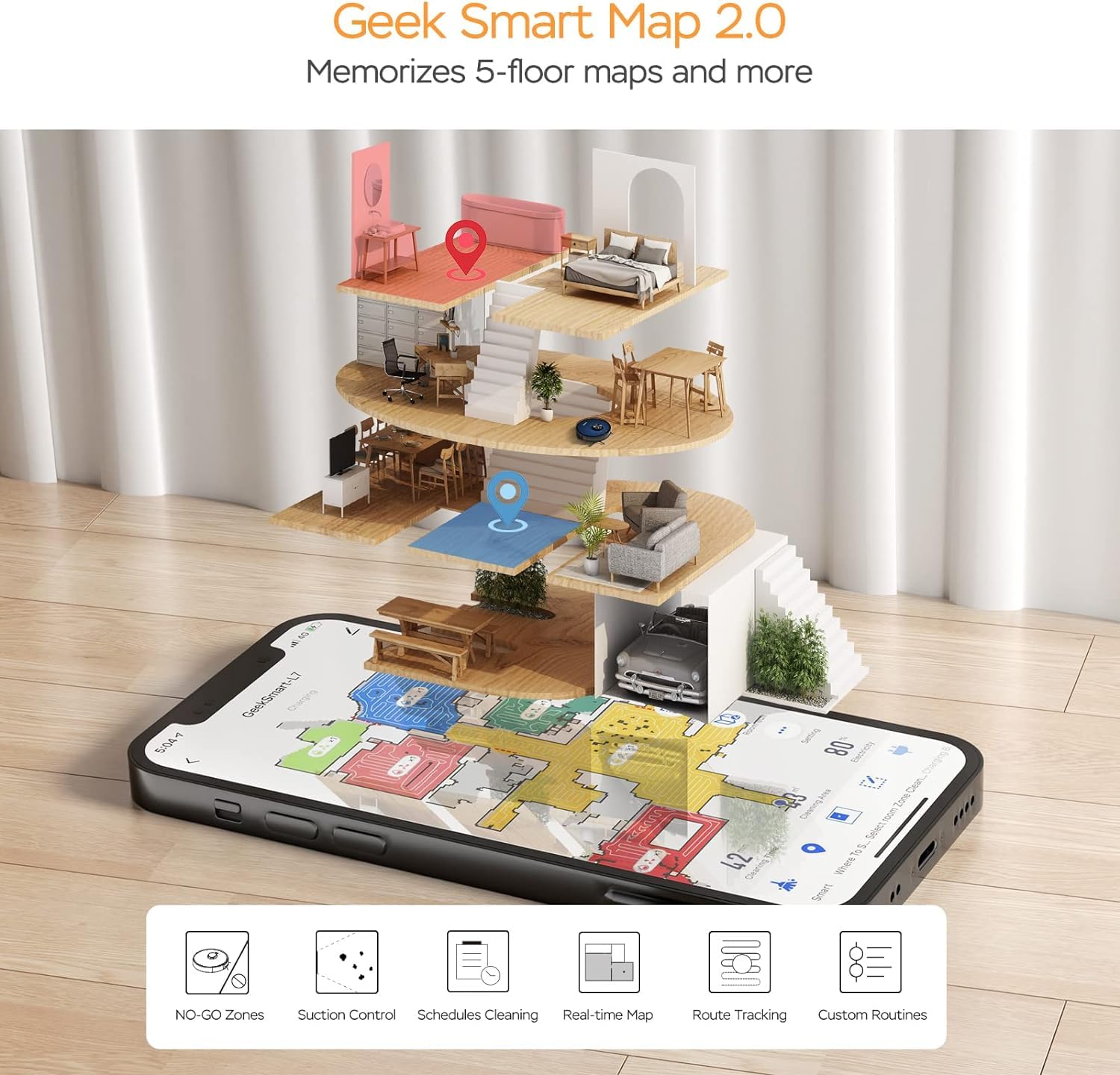 Geek Smart Robot Vacuum Cleaner and Mop L7, LDS Navigation, Wi-Fi Connected APP, Selective Room Cleaning, MAX 2700 PA Suction, Blue Ideal for Pets and Larger Home