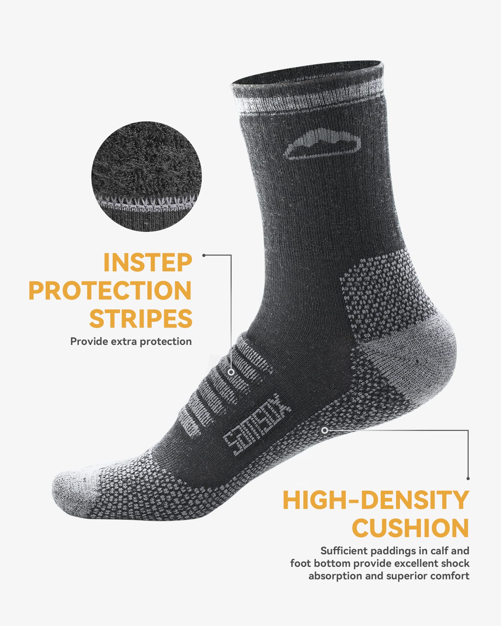 SAMSOX 2-Pack Merino Wool Hiking Sock, Made in USA, Black/Grey L