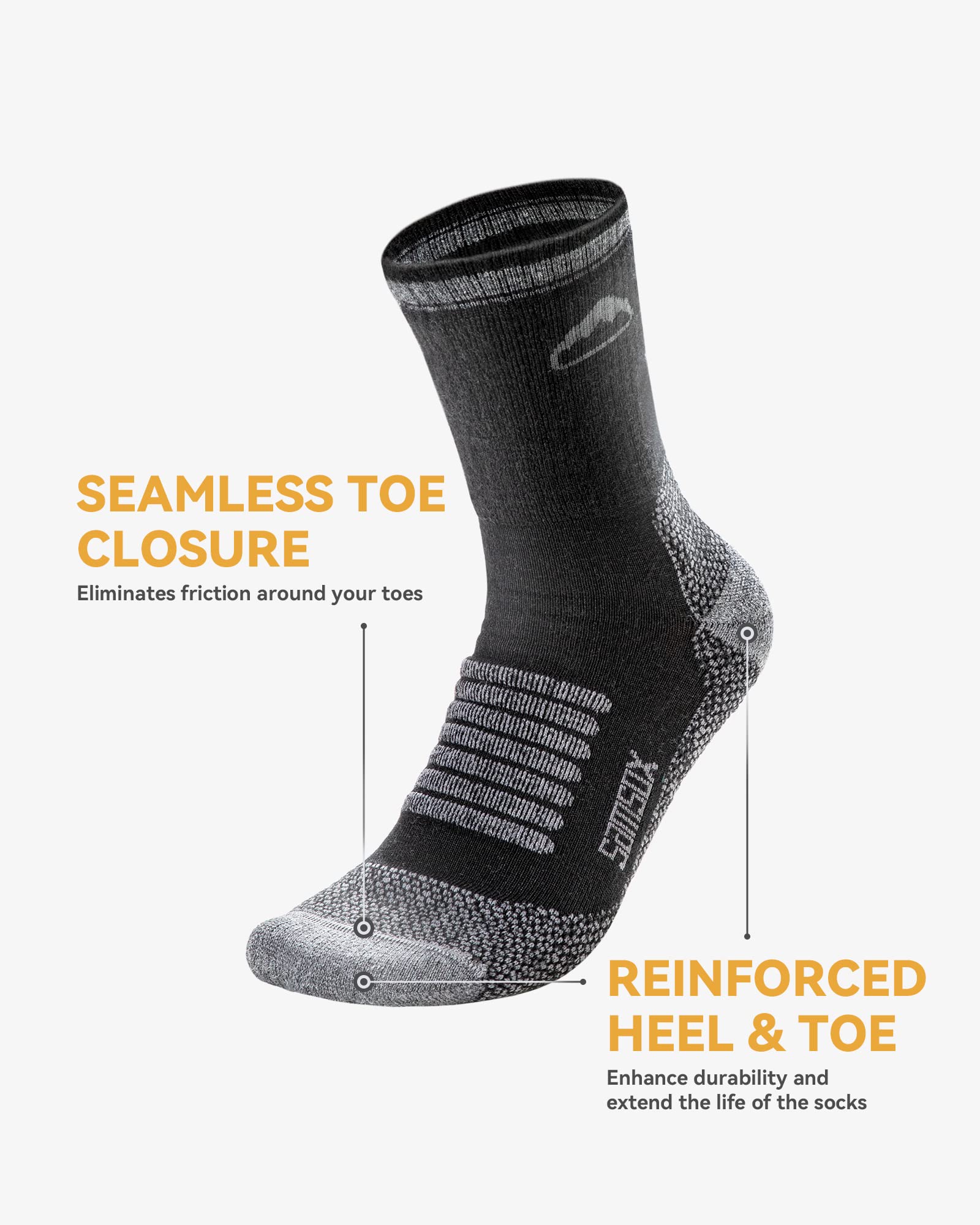 SAMSOX 2-Pack Merino Wool Hiking Sock, Made in USA, Black/Grey L