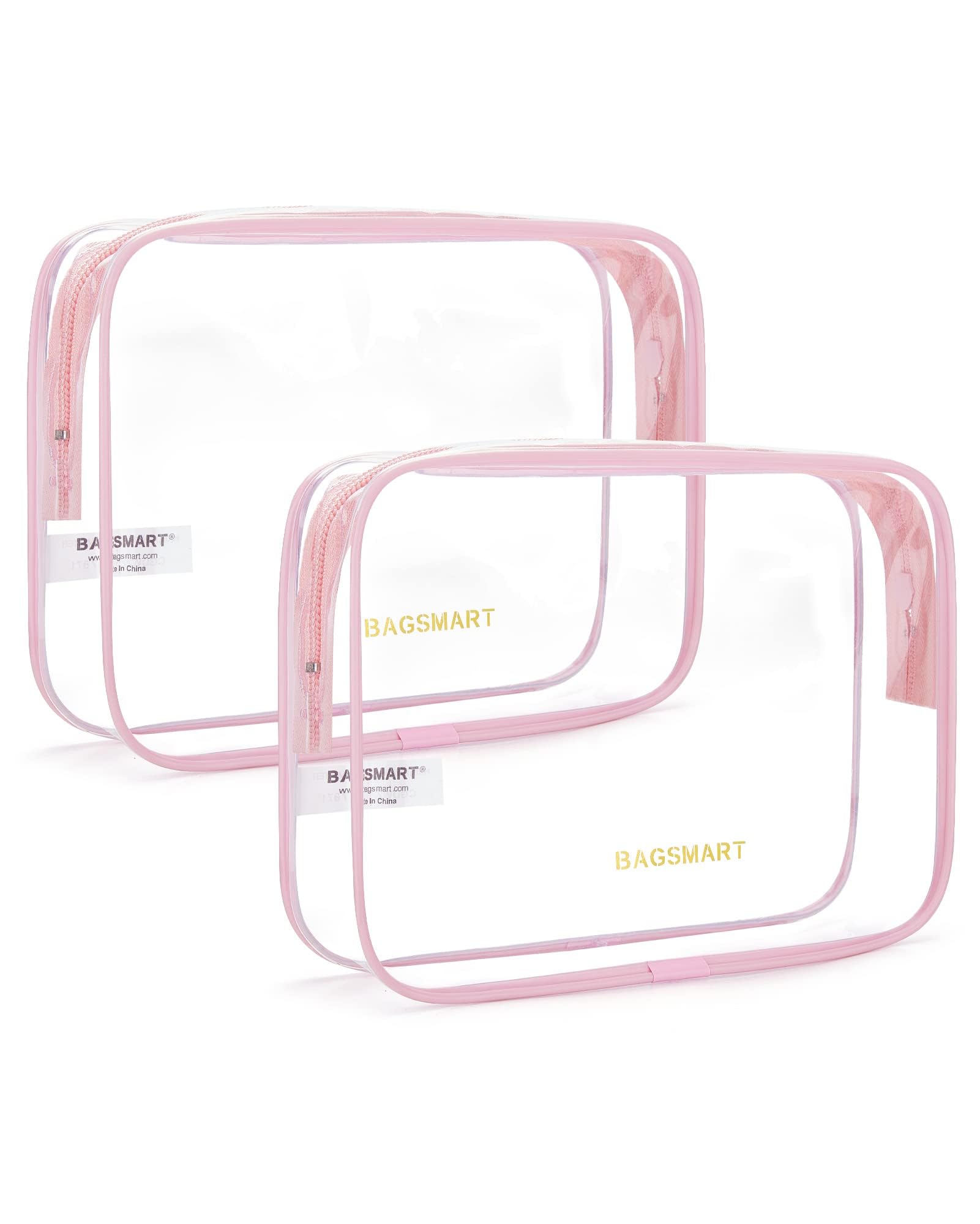 BAGSMART Clear Toiletry Bag, 2 Packs TSA Approved Water resistant Quart Size Travel Organizer, Airport Airline Travel Essential Carry On Makeup Cosmetic Bags for Women, Pink