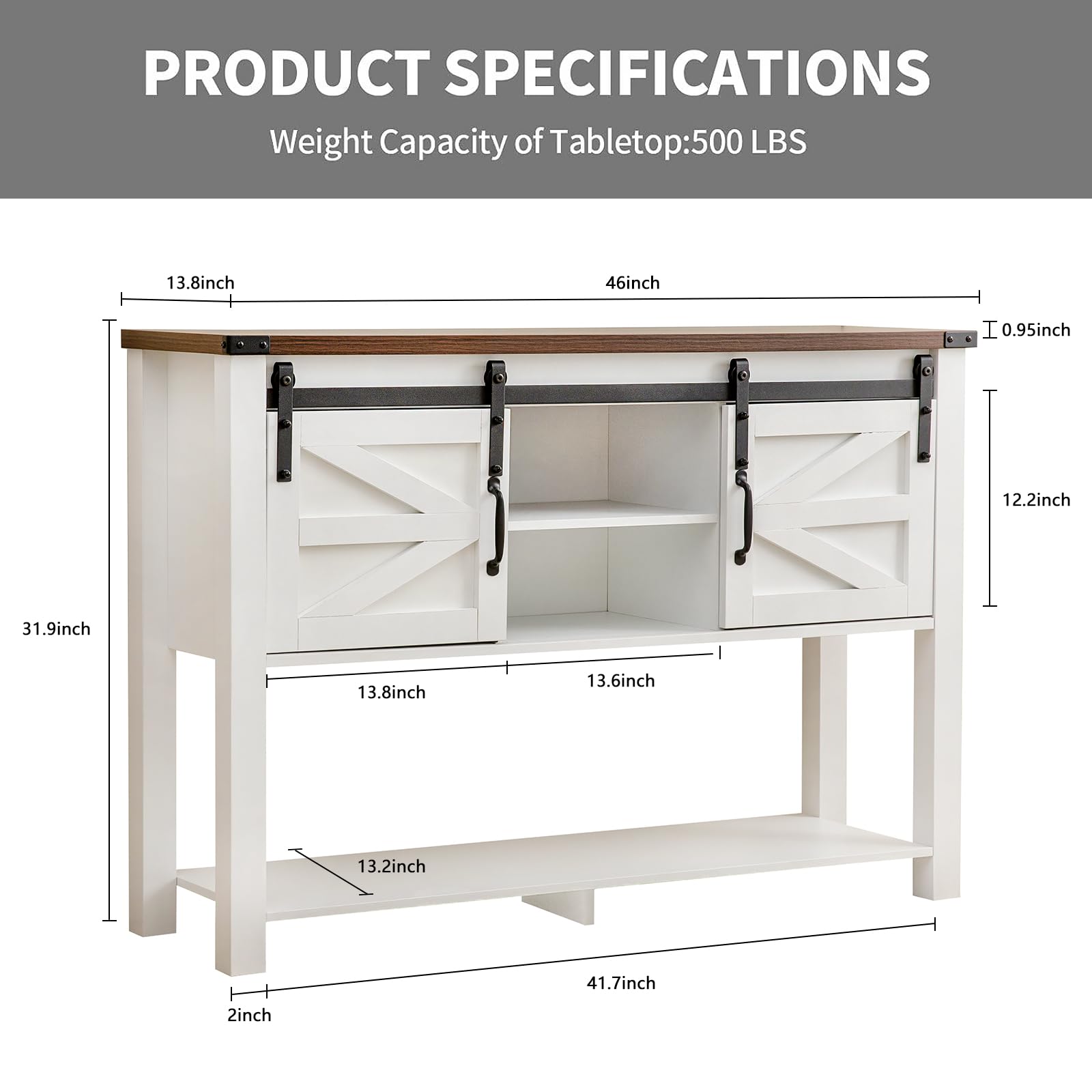 GAZHOME Entryway Table with Sliding Barn Doors, 46'' Farmhouse Console Table with Storage, Rustic Sofa Table with Adjustable Shelf & Open Shelf for Entry Way, Hallway, Living Room, White