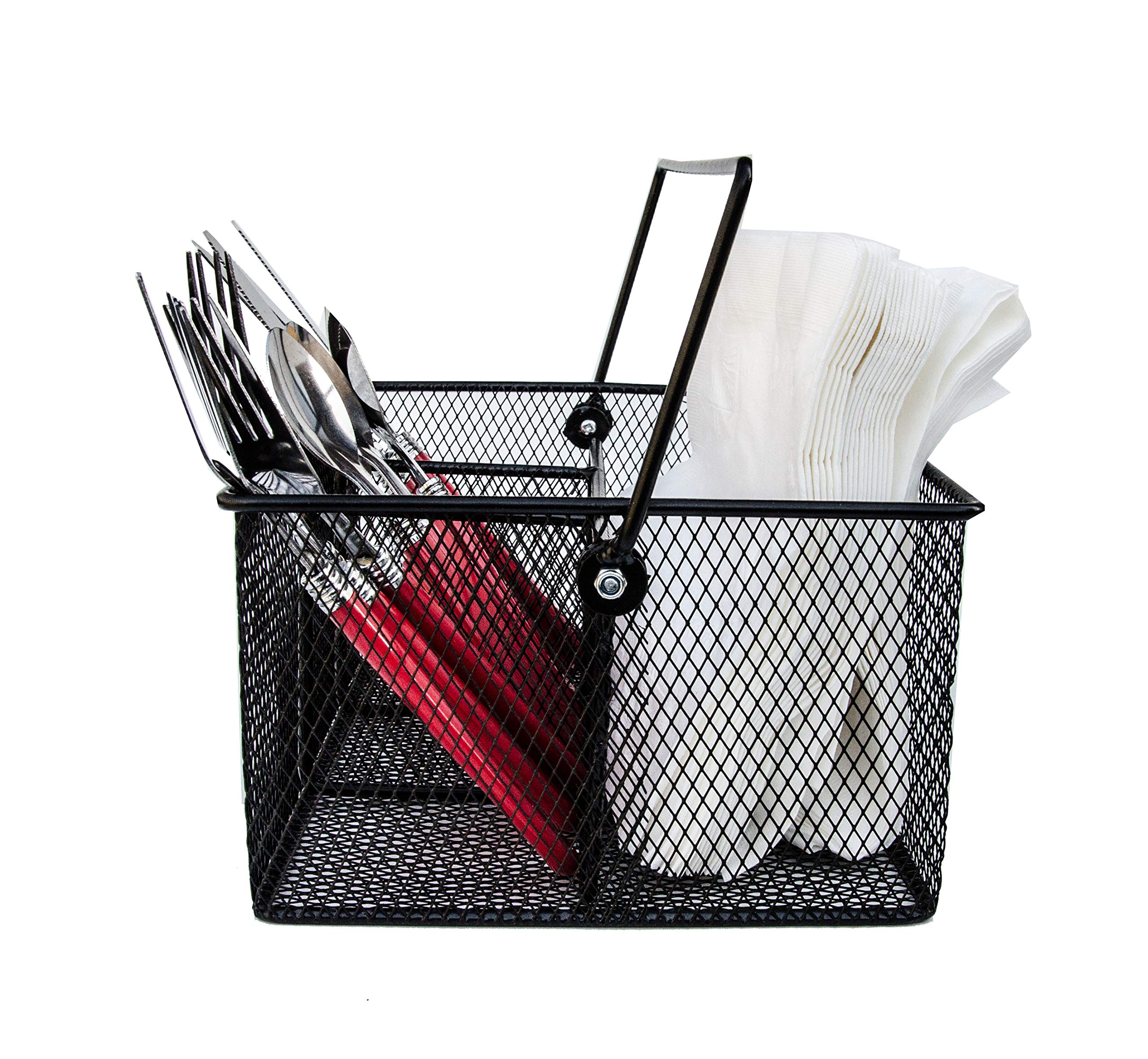Maypes Utensil Caddy -Silverware Caddy for Parties, Spoon Holder, Buffet Organizer for Condiments, Napkin, Forks, Knives -Stainless Steel Flatware Caddy for Home, Picnics or Entertaining Evens (Black)