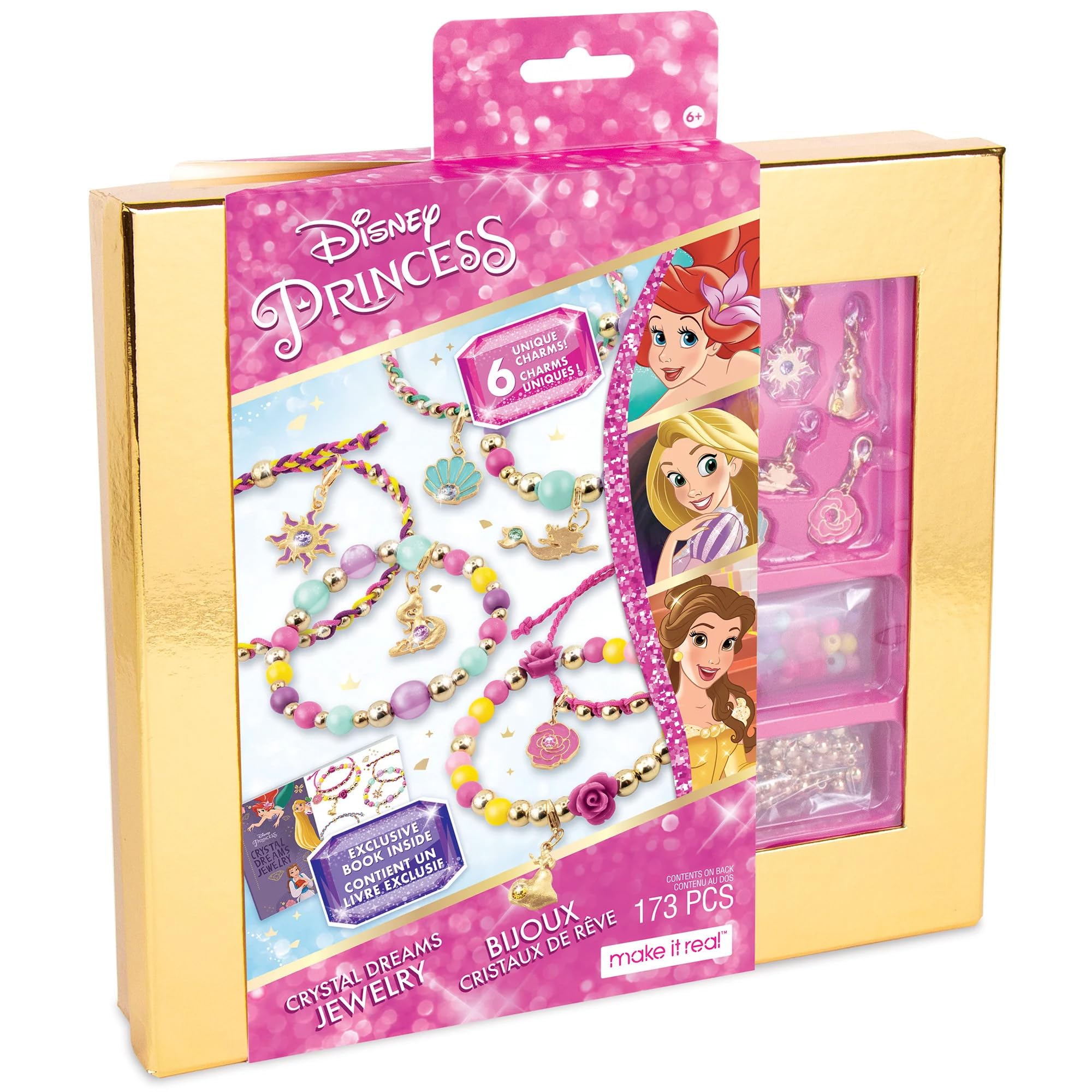 Make It Real Disney Princess Crystal Dreams Jewelry Kit - DIY Bead & Charm Bracelet Set with Swarovski Crystals, Includes Supplies & Exclusive Princess Book - Create 6 Bracelets, Ages 8