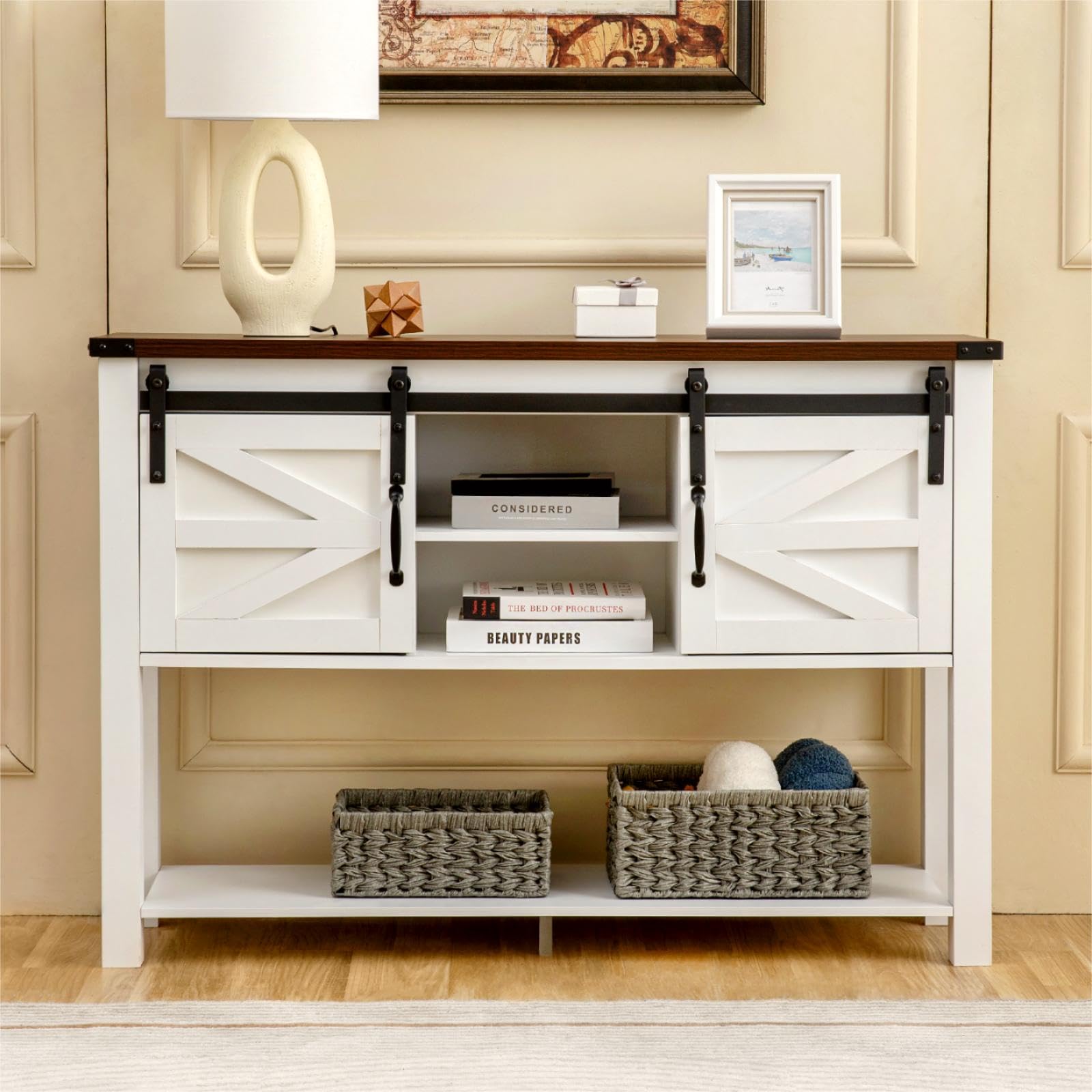 GAZHOME Entryway Table with Sliding Barn Doors, 46'' Farmhouse Console Table with Storage, Rustic Sofa Table with Adjustable Shelf & Open Shelf for Entry Way, Hallway, Living Room, White