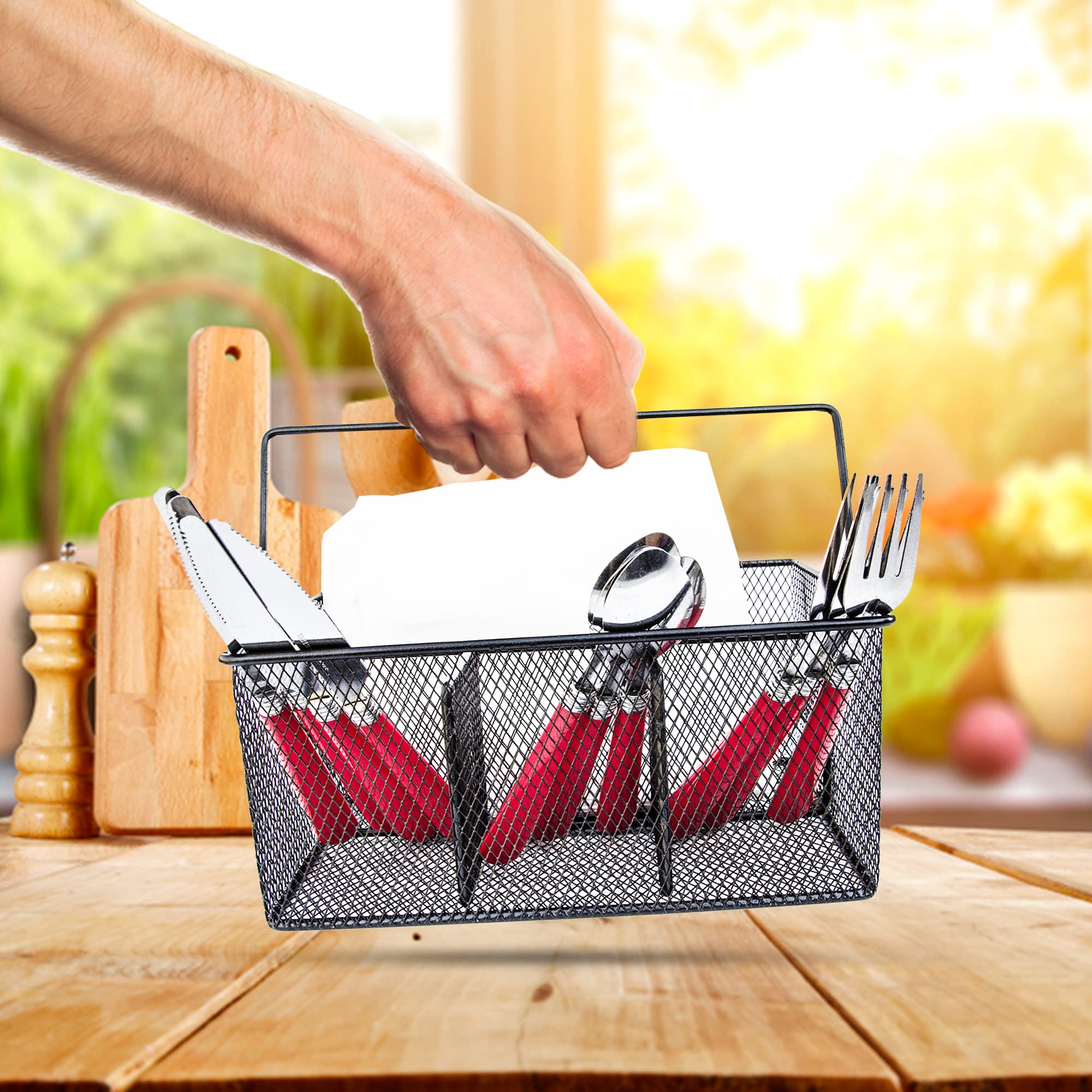 Maypes Utensil Caddy -Silverware Caddy for Parties, Spoon Holder, Buffet Organizer for Condiments, Napkin, Forks, Knives -Stainless Steel Flatware Caddy for Home, Picnics or Entertaining Evens (Black)