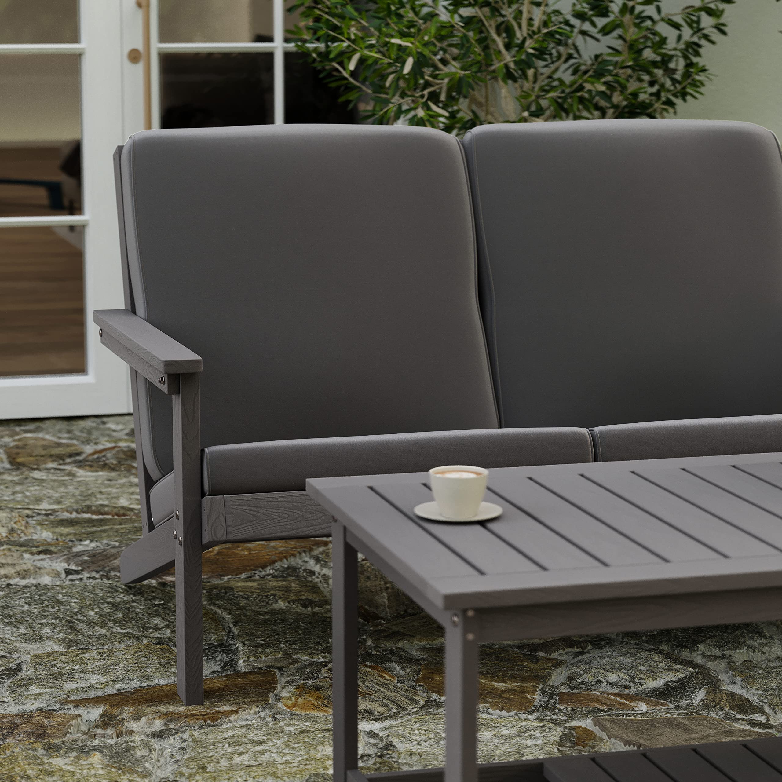 Merrick Lane Riviera Adirondack Style Deep Seat Patio Loveseat with Cushions - Gray Poly Resin Frame - Gray All-Weather Cushions - Indoor/Outdoor