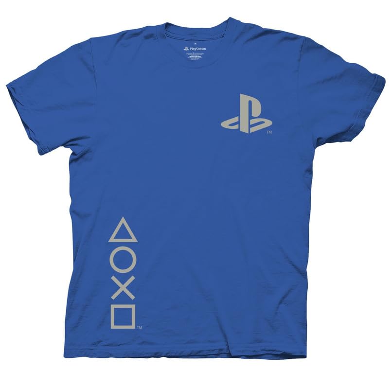 Ripple Junction Sony PlayStation Men’s Short Sleeve T-Shirt Iconic PS Graphic Logo Controller Buttons Modern Medium Blue