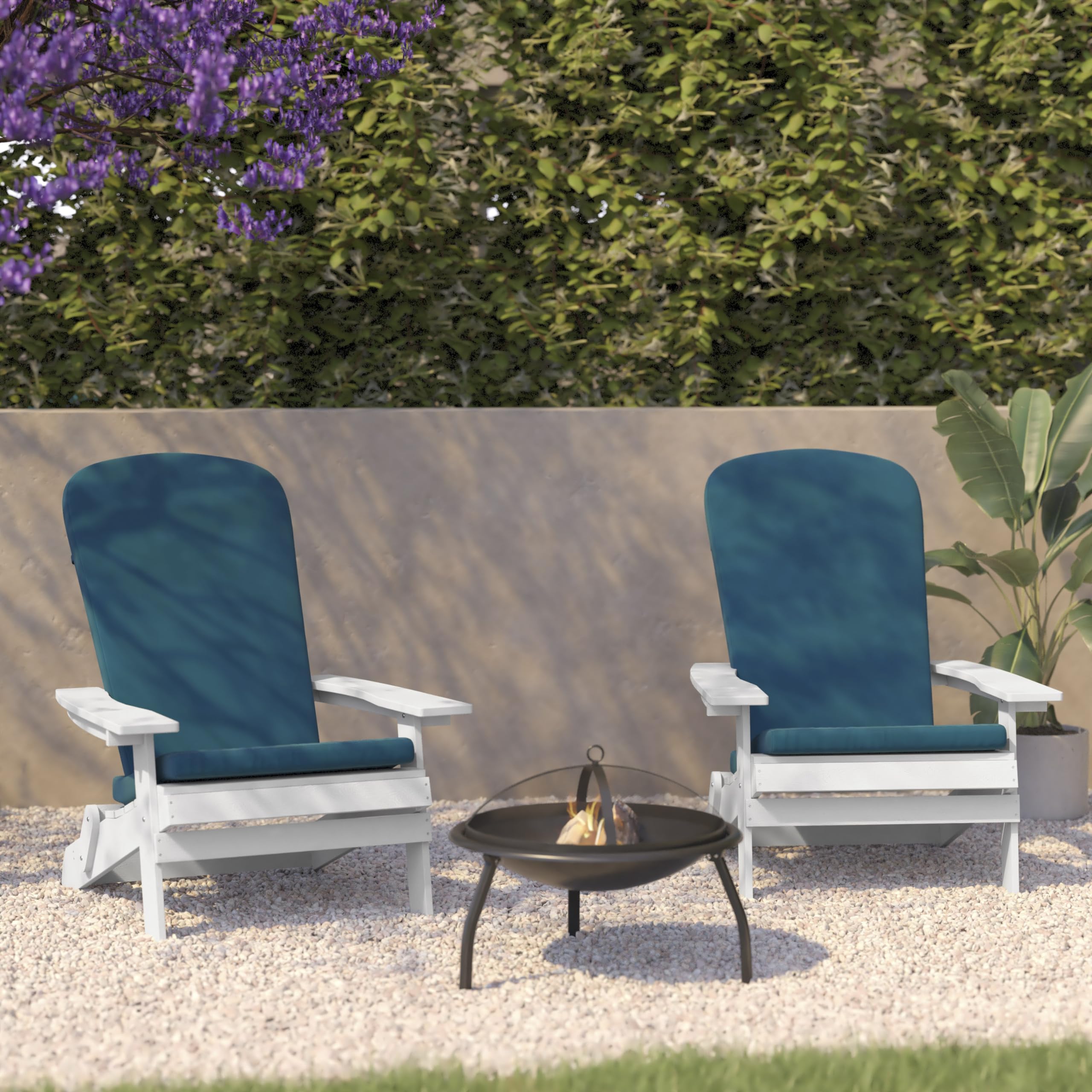 BizChair Set of 2 Folding Adirondack Chairs with Cushions - White Poly Resin Frame - Teal All-Weather Cushions - Indoor/Outdoor Use
