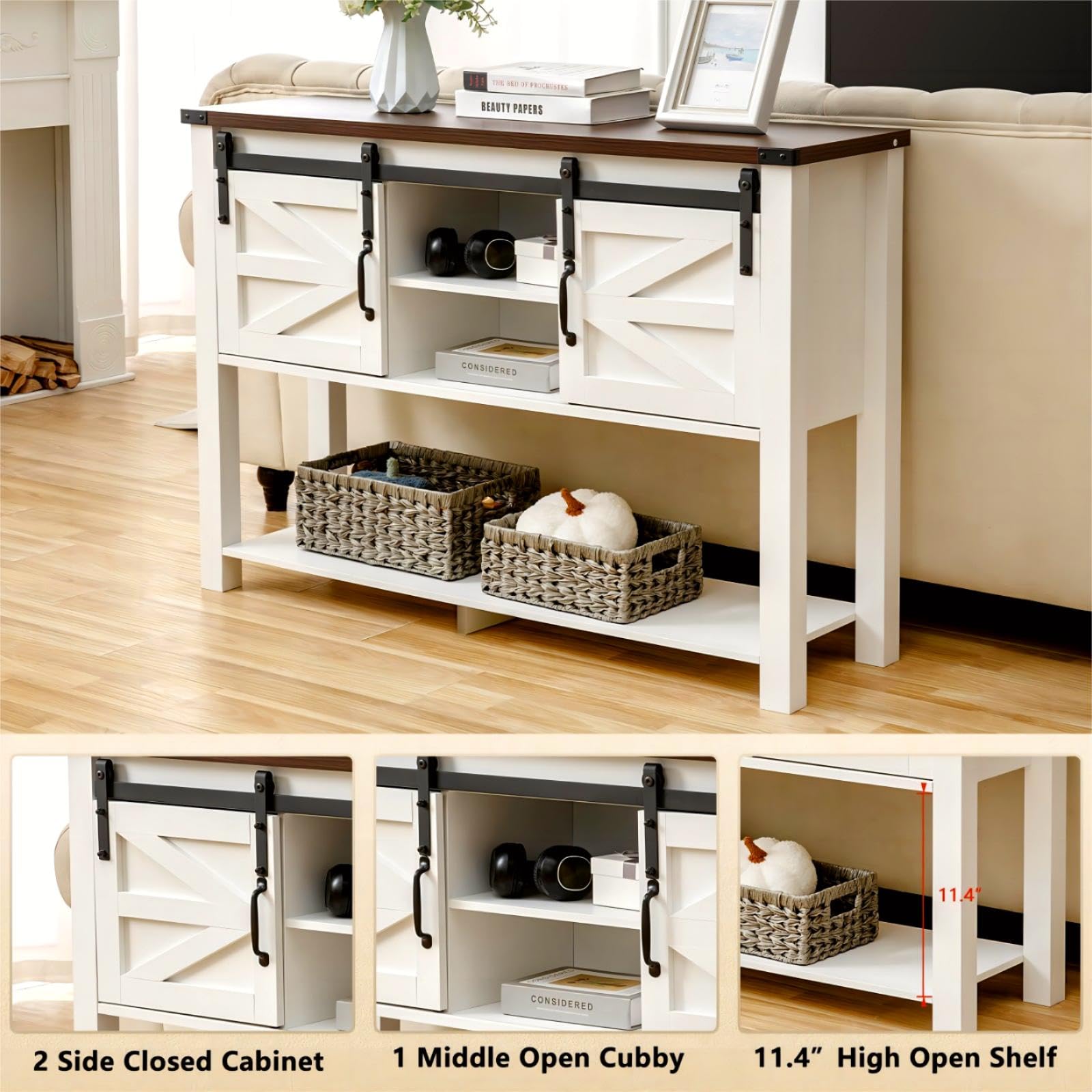 GAZHOME Entryway Table with Sliding Barn Doors, 46'' Farmhouse Console Table with Storage, Rustic Sofa Table with Adjustable Shelf & Open Shelf for Entry Way, Hallway, Living Room, White