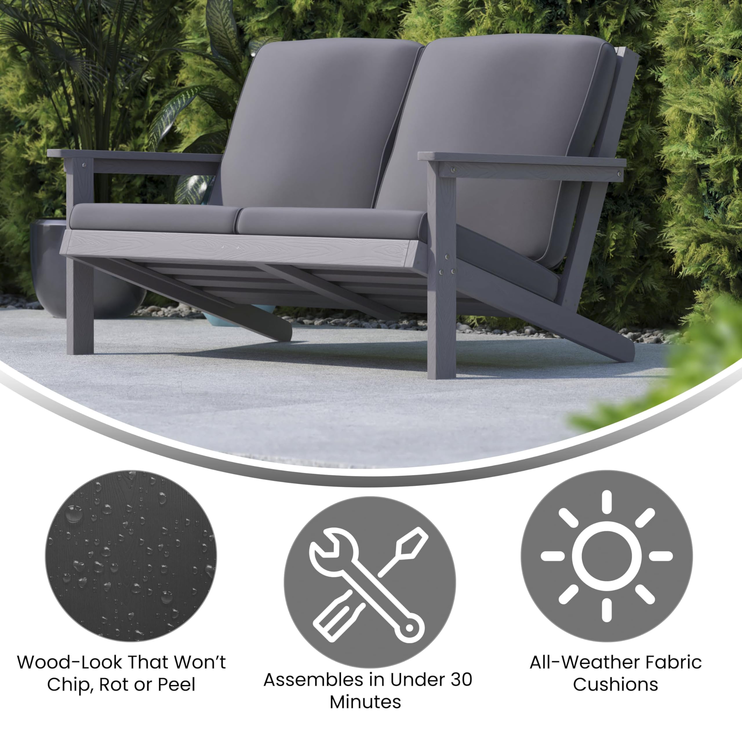 Merrick Lane Riviera Adirondack Style Deep Seat Patio Loveseat with Cushions - Gray Poly Resin Frame - Gray All-Weather Cushions - Indoor/Outdoor