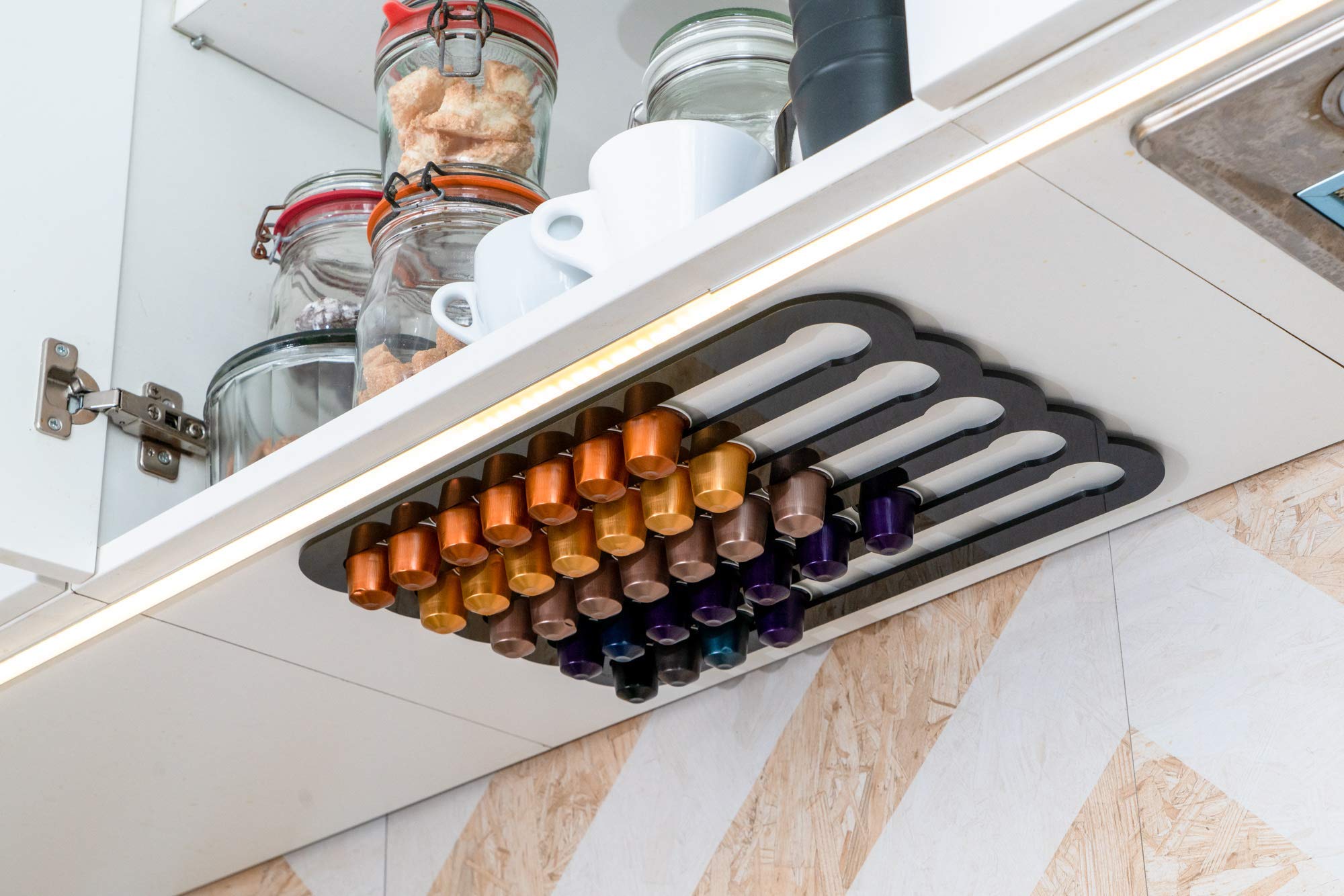Demi's Home Adhesive Coffee Pod Holder for Nespresso Original Capsules (Measure Before Purchase) - Suitable to be Mounted Inside/Under the Cabinet or on the Wall (Black)