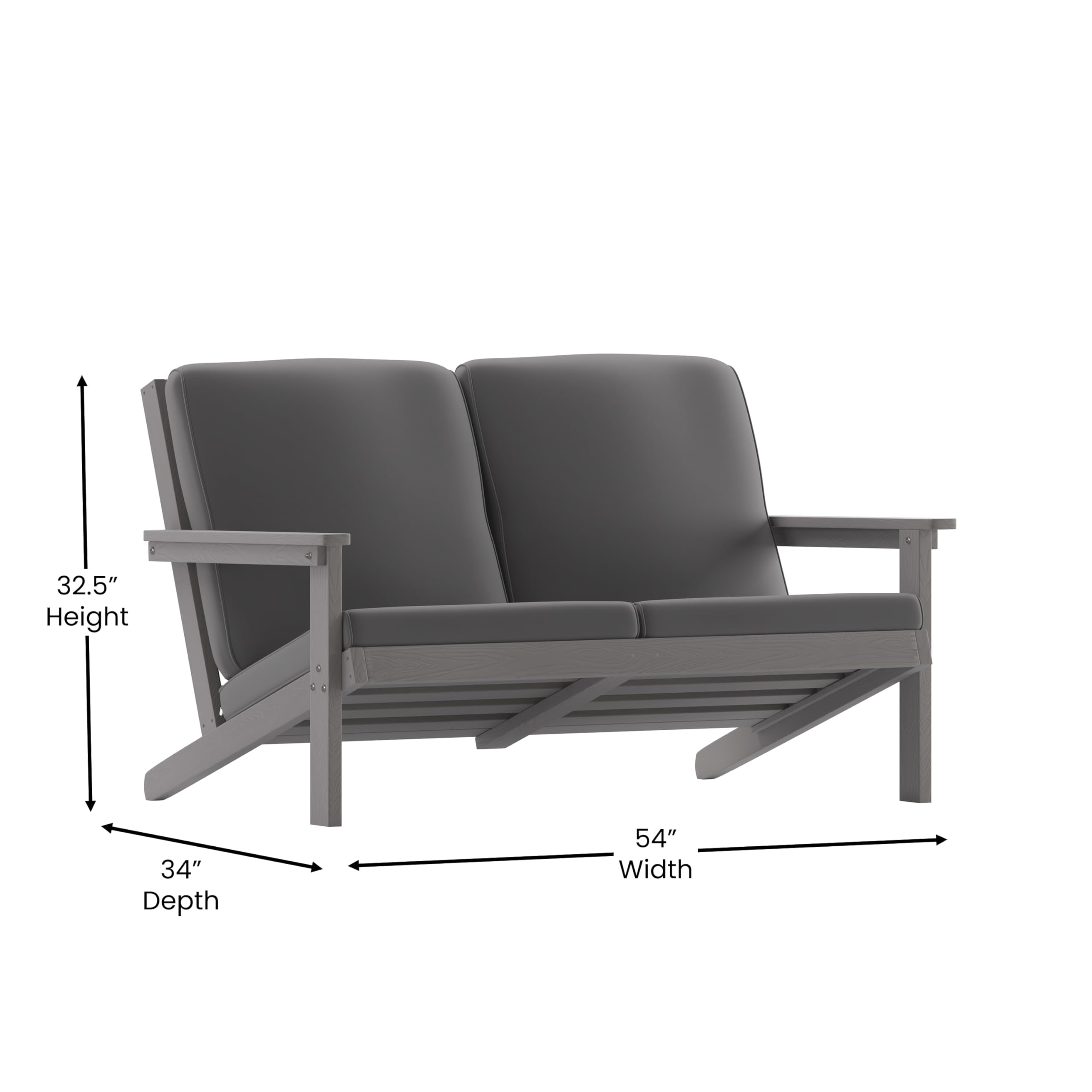 Merrick Lane Riviera Adirondack Style Deep Seat Patio Loveseat with Cushions - Gray Poly Resin Frame - Gray All-Weather Cushions - Indoor/Outdoor