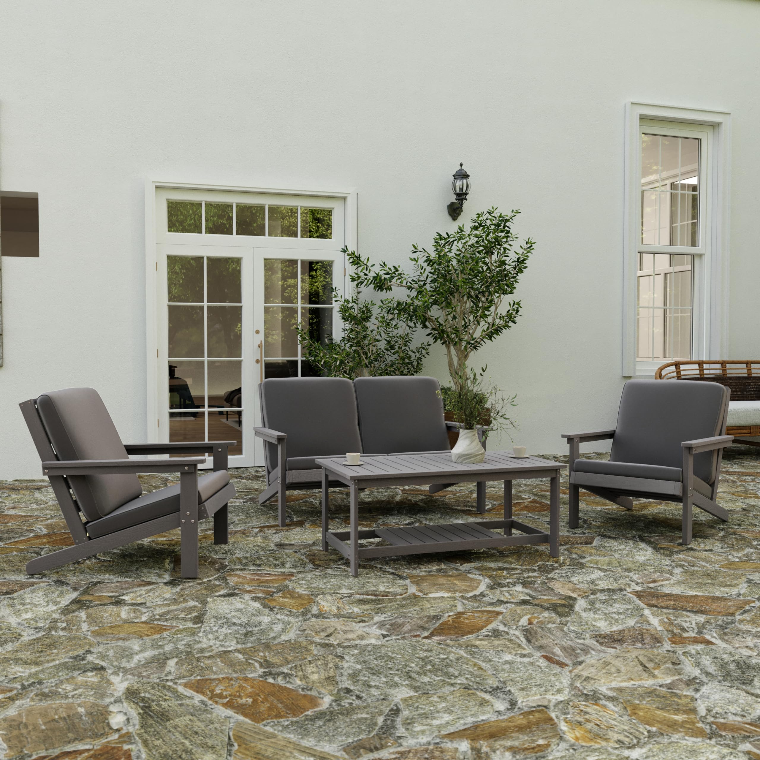 Merrick Lane Riviera Adirondack Style Deep Seat Patio Loveseat with Cushions - Gray Poly Resin Frame - Gray All-Weather Cushions - Indoor/Outdoor