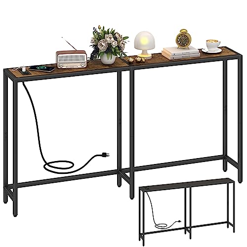 LAATOOREE Narrow Console Table with Power Outlet, Sofa Table, Two-Color Entryway Table with Metal Frame for Hallway, Foyer, Entrance, Foyer, Corridor, Living Room