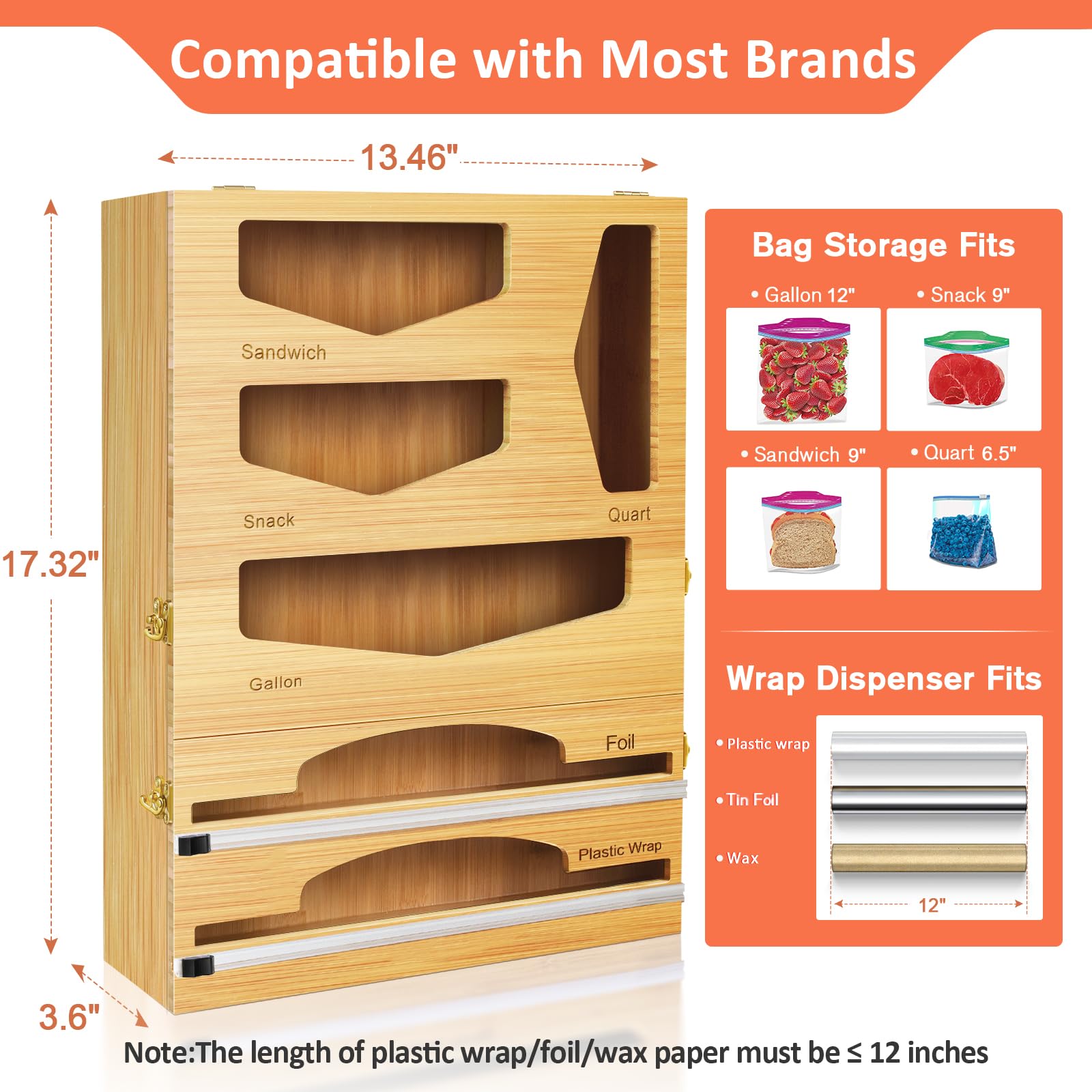 Ziplock Bag Organizer,Upgraded 6 in 1 Foil and Plastic Wrap Organizer,Bamboo Storage Organizer for Gallon,Quart,Sandwich & Snack Bag,Foil Dispenser With Cutter Fit 12" Plastic Wrap,Aluminum Foil