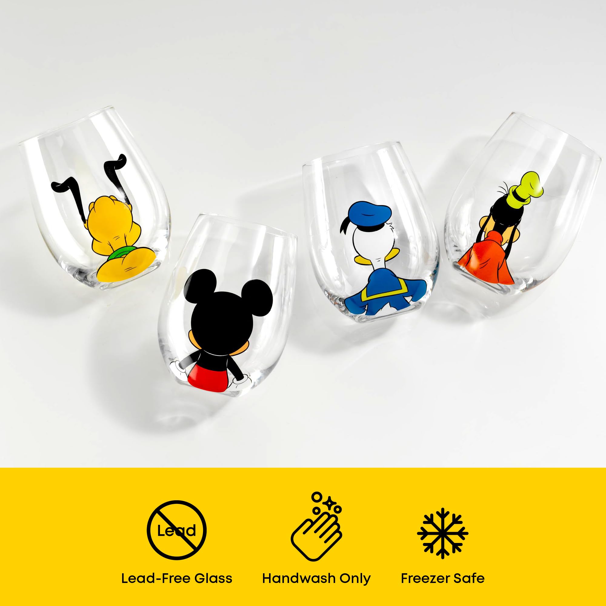 JoyJolt Disney Mickey Mouse Squad Collection Tumblers. 15oz Stemless Wine Glasses Set of 4 Stemless Drinking Glasses. Disney Gifts Stuff, Disney Wine Glass Mickey Mouse Cup Set